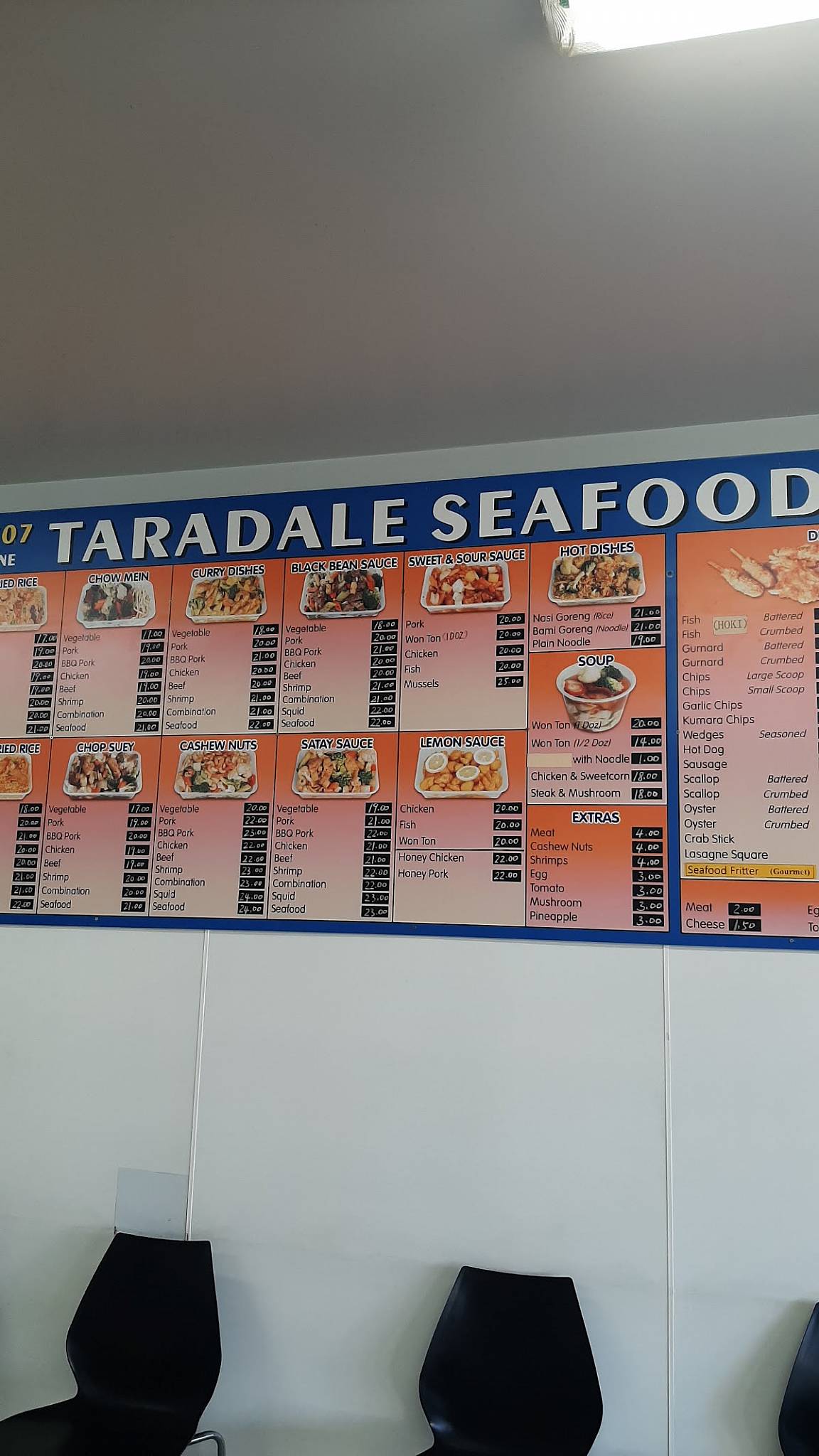 Menu at Taradale Seafoods restaurant, Napier, 311 Gloucester St