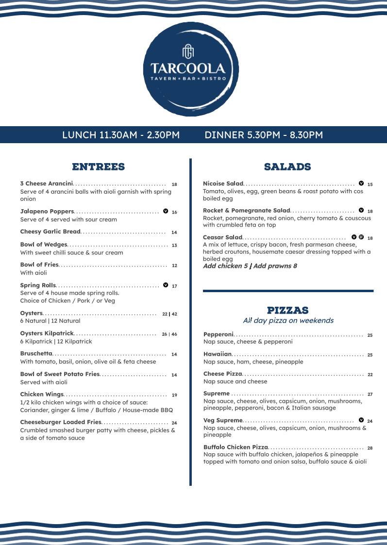 Menu at Tarcoola Tavern-Bar-Bistro, Mount Tarcoola