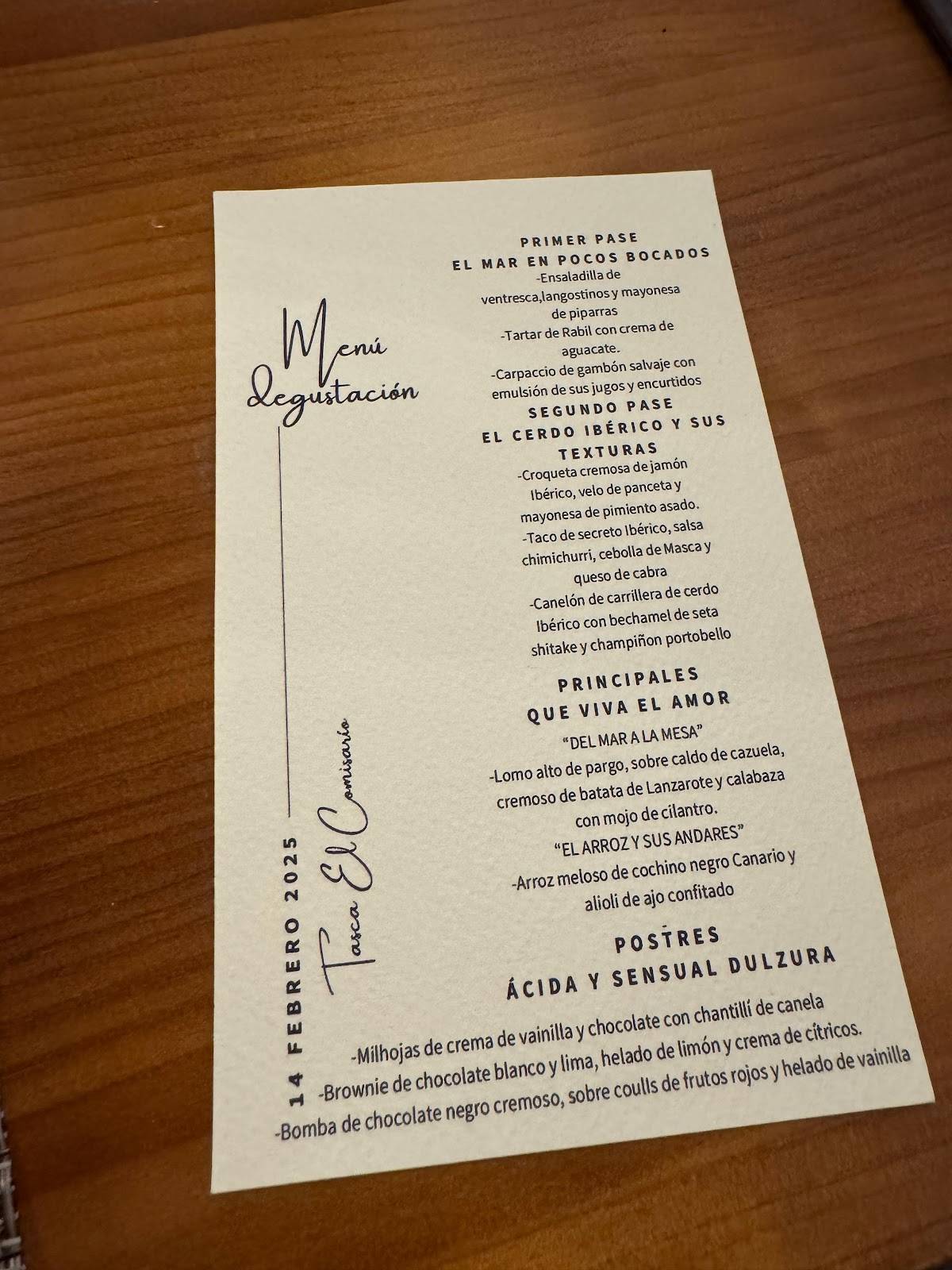 Menu at Tasca El Comisario restaurant, El Tanque