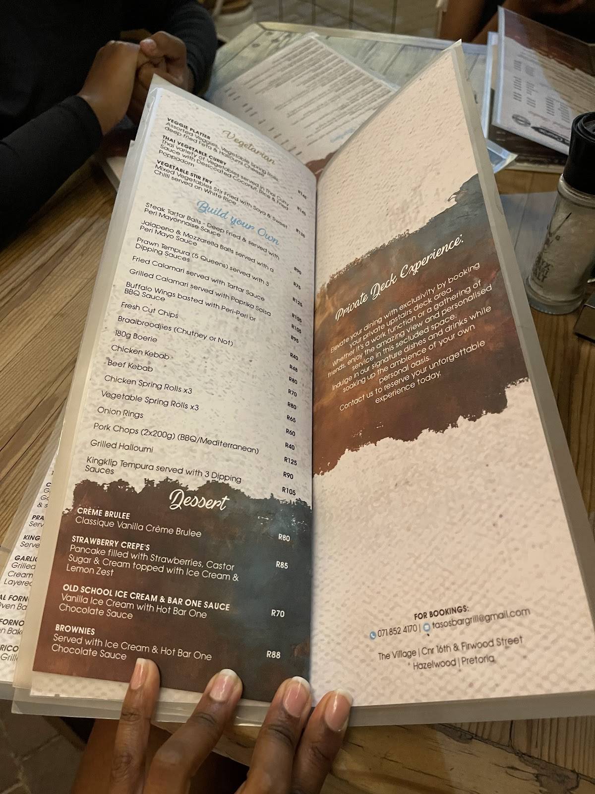 Menu at Taso's Bar Grill Hazelwood, Pretoria