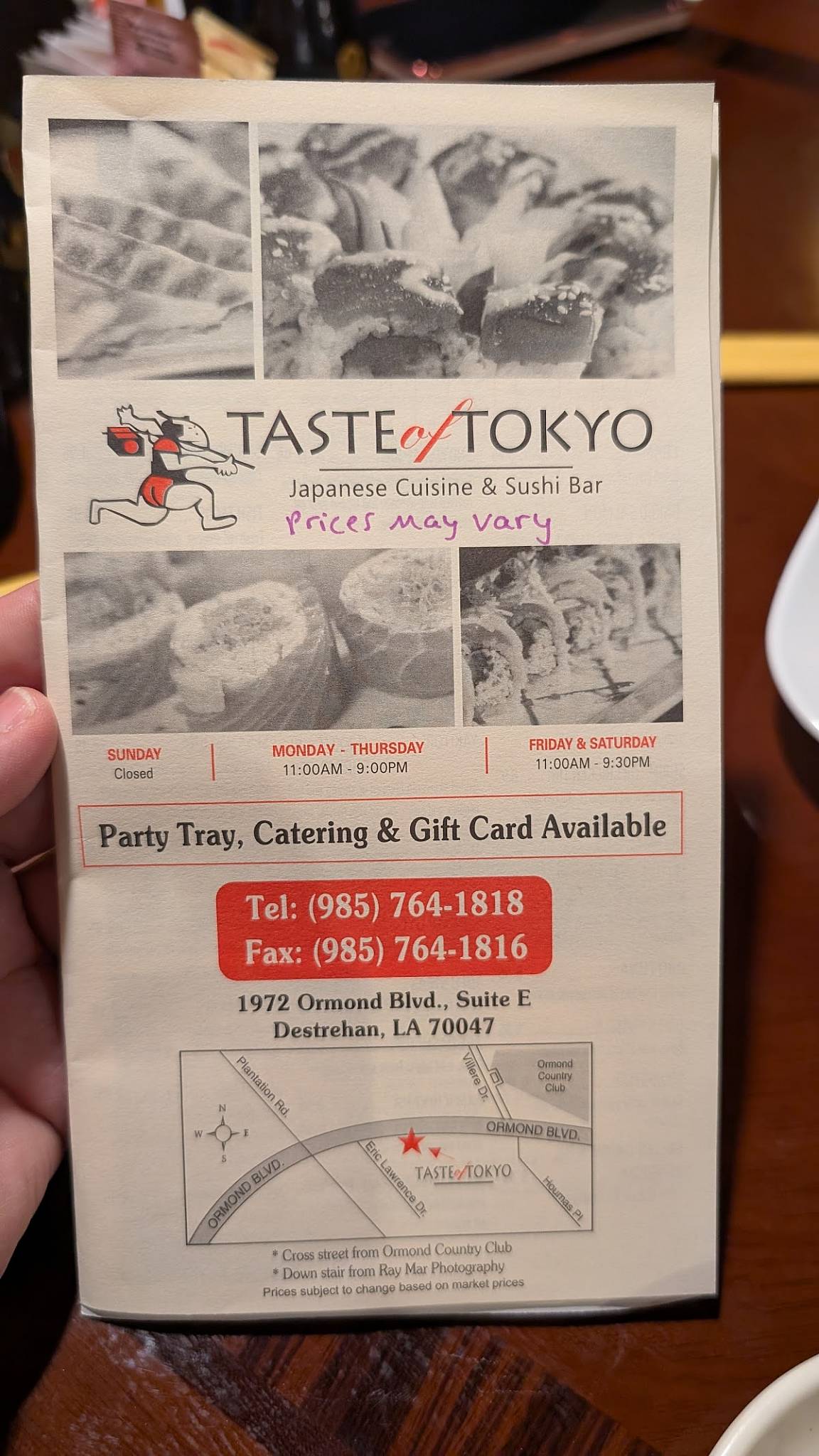 Menu at Taste of Tokyo restaurant, Destrehan