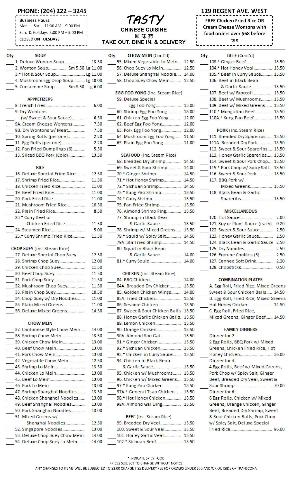 Menu at Tasty Chinese Cuisine restaurant, Winnipeg