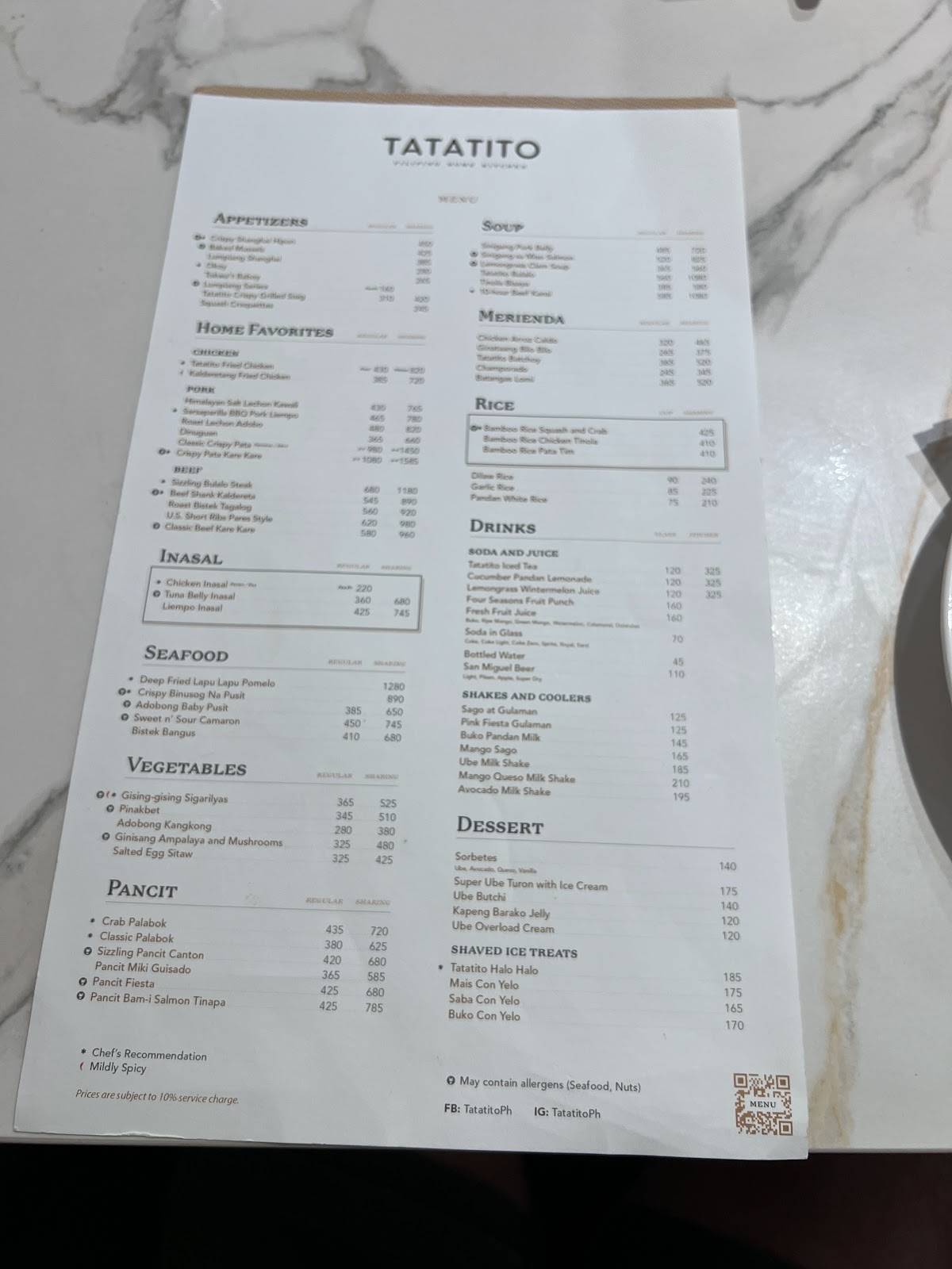 Menu at Tatatito restaurant, Makati
