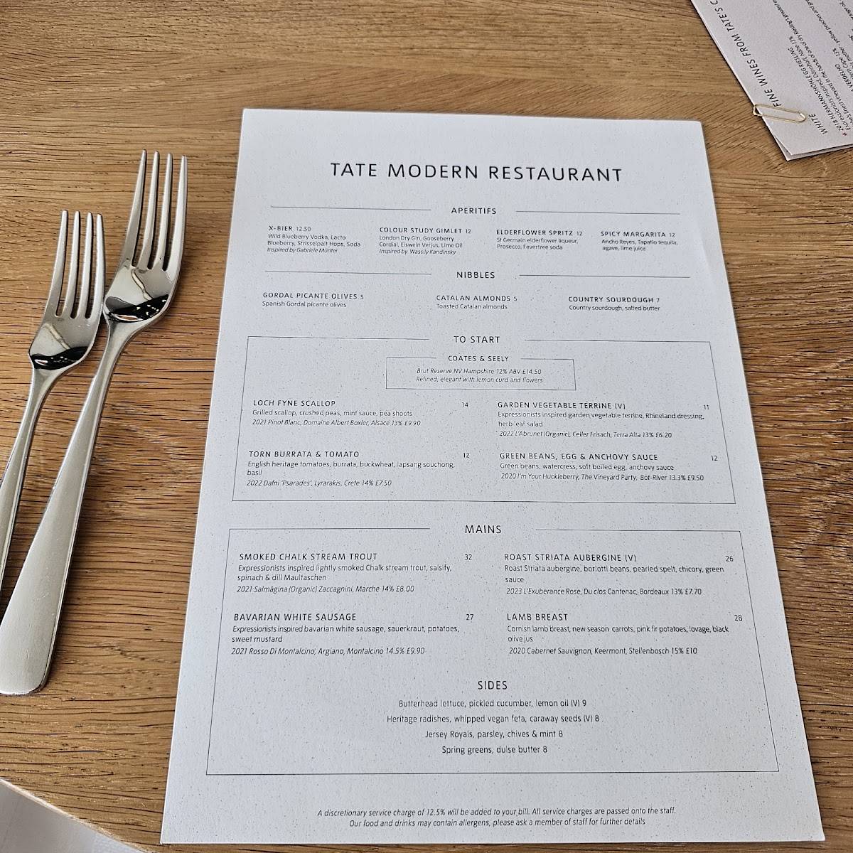 Carta de Tate Modern Terrace Bar, Londres
