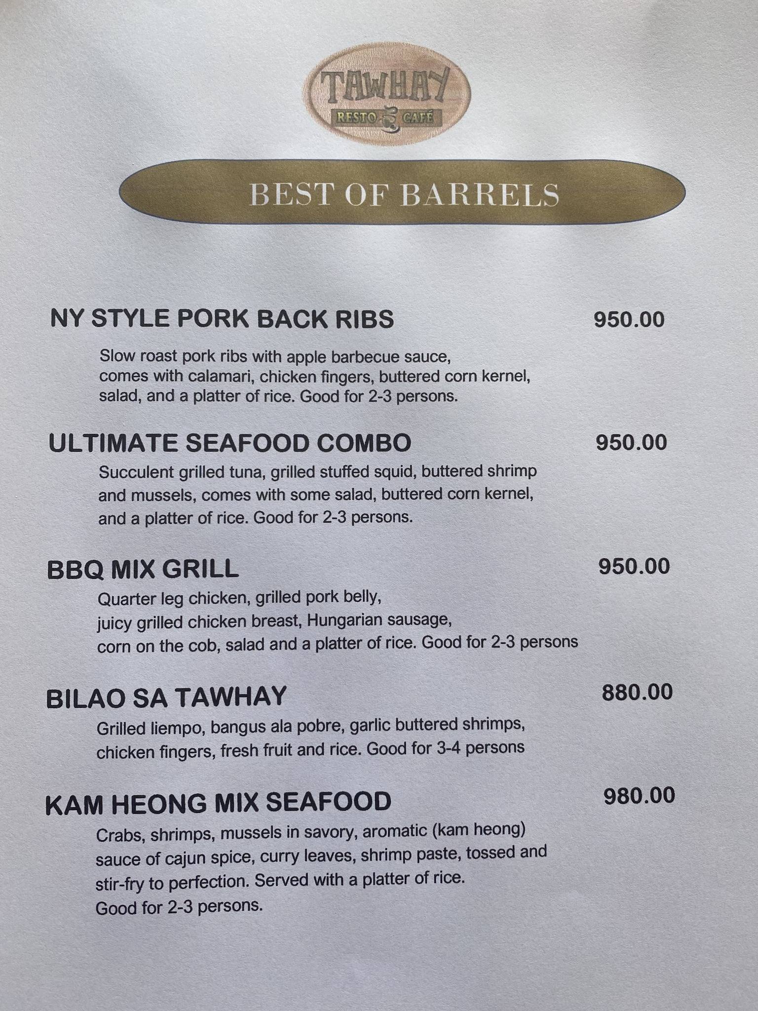 Menu at Tawhay Resto Cafe, San Juan