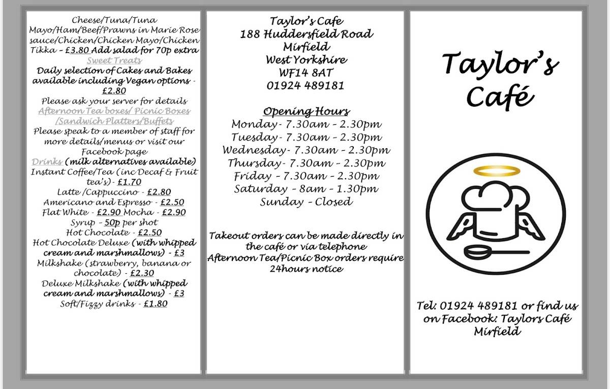 Menu at Taylors Cafe, Mirfield