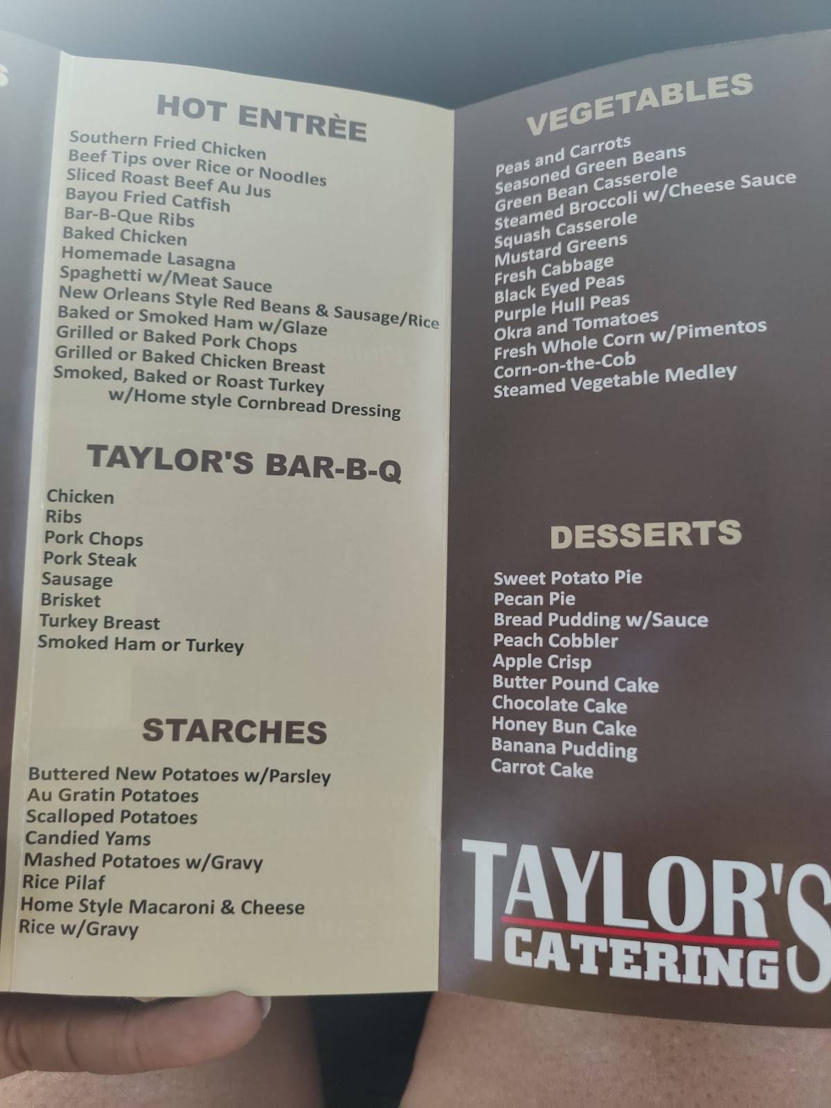 Menu at Taylor's Catering & Restaurant, Shreveport
