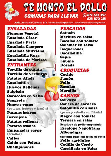 Carta del restaurante Te monto el pollo, San Vicente del Raspeig