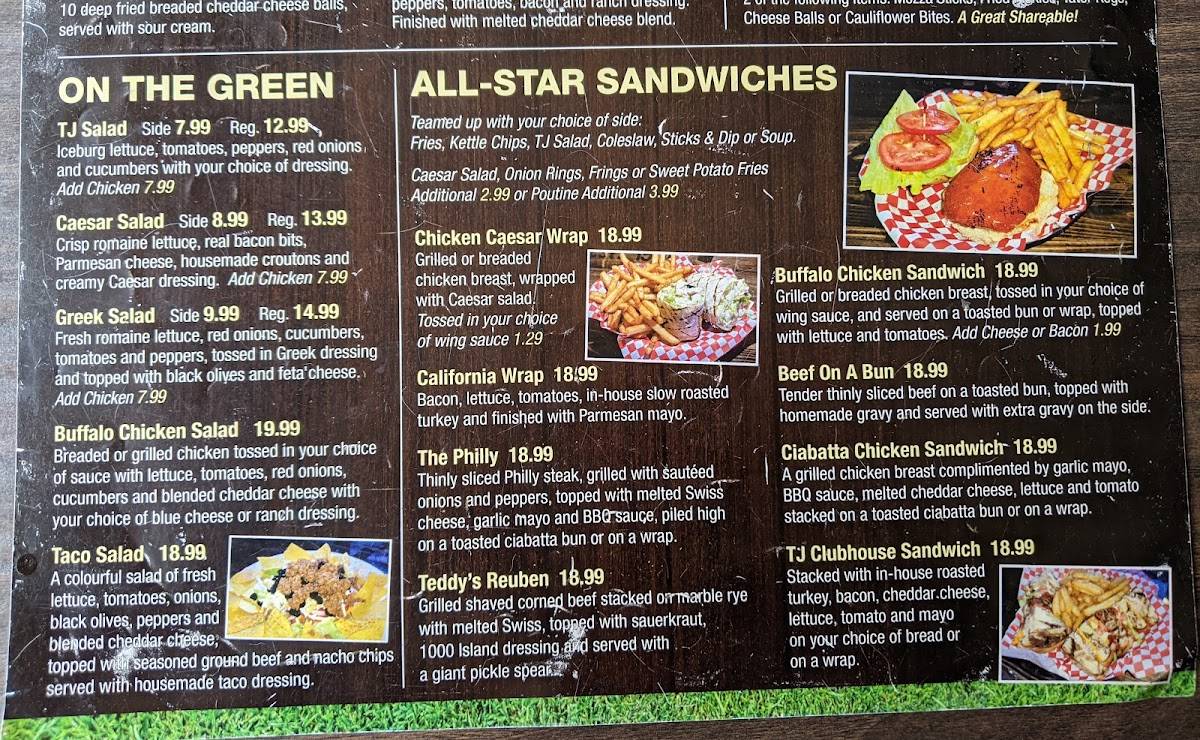 Menu au Teddy's Sports Bar, Grimsby