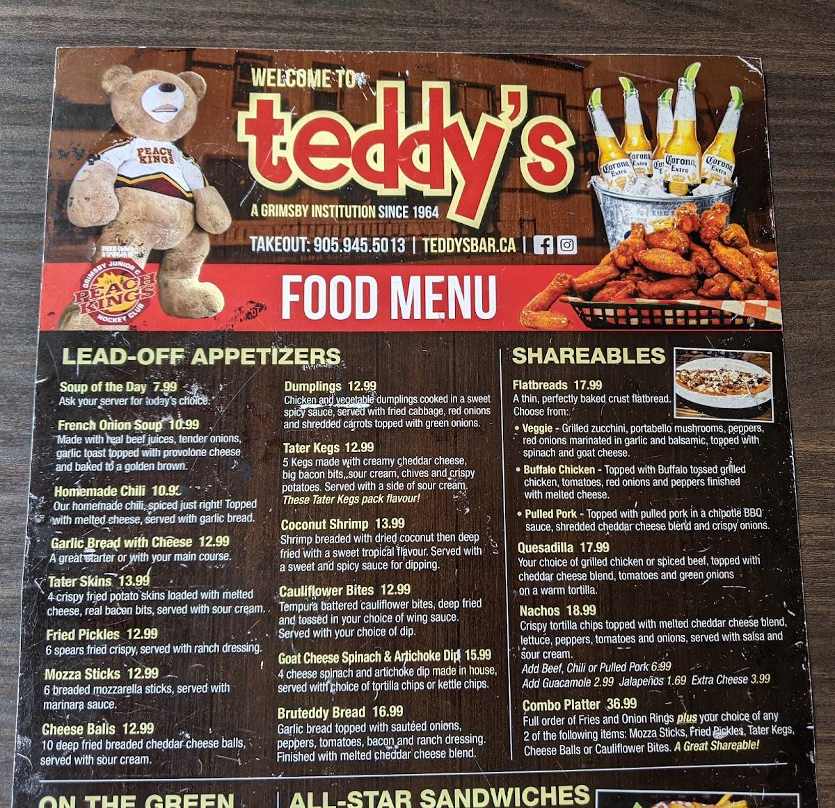 Menu au Teddy's Sports Bar, Grimsby