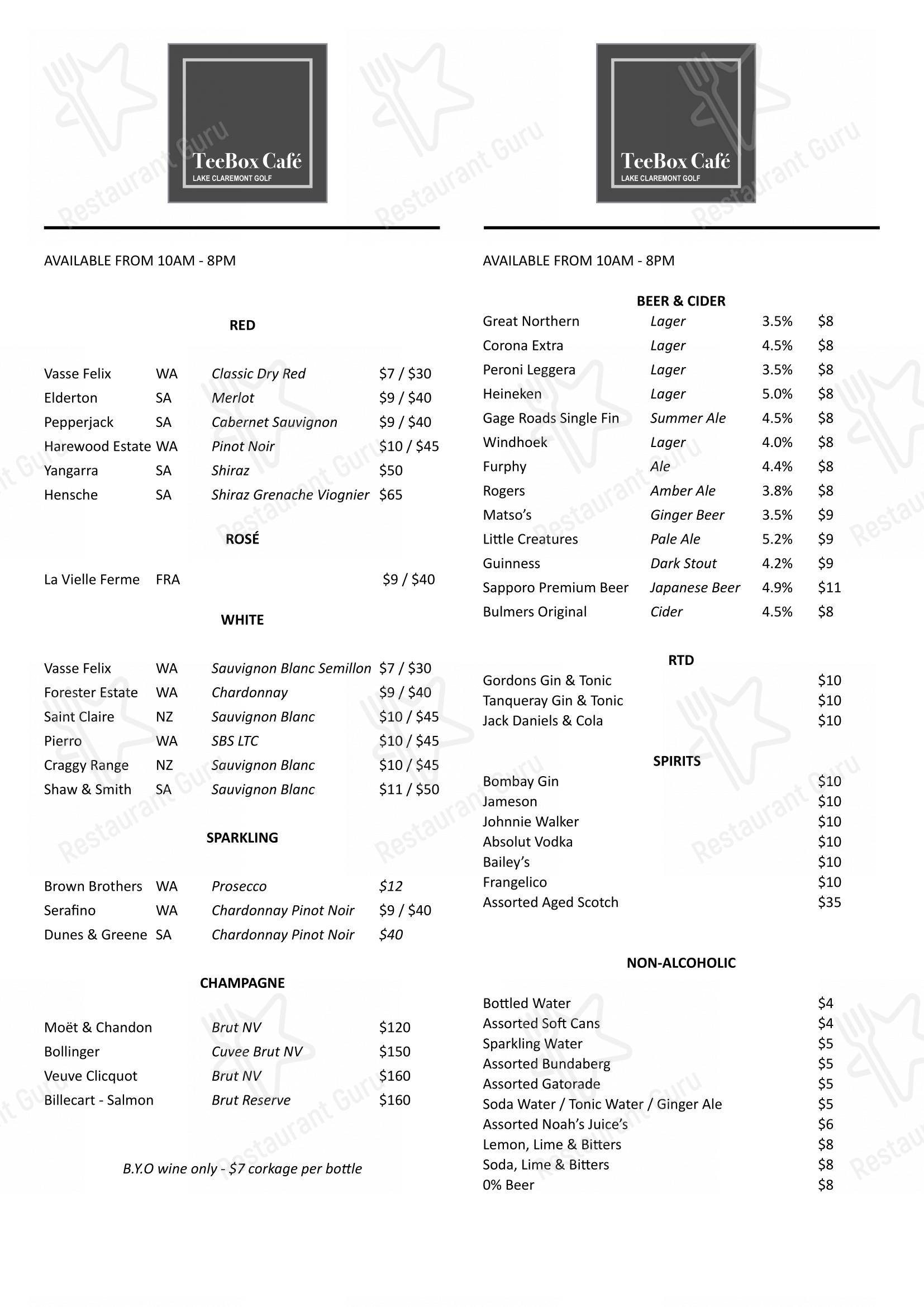 Menu at Teebox Cafe, Claremont