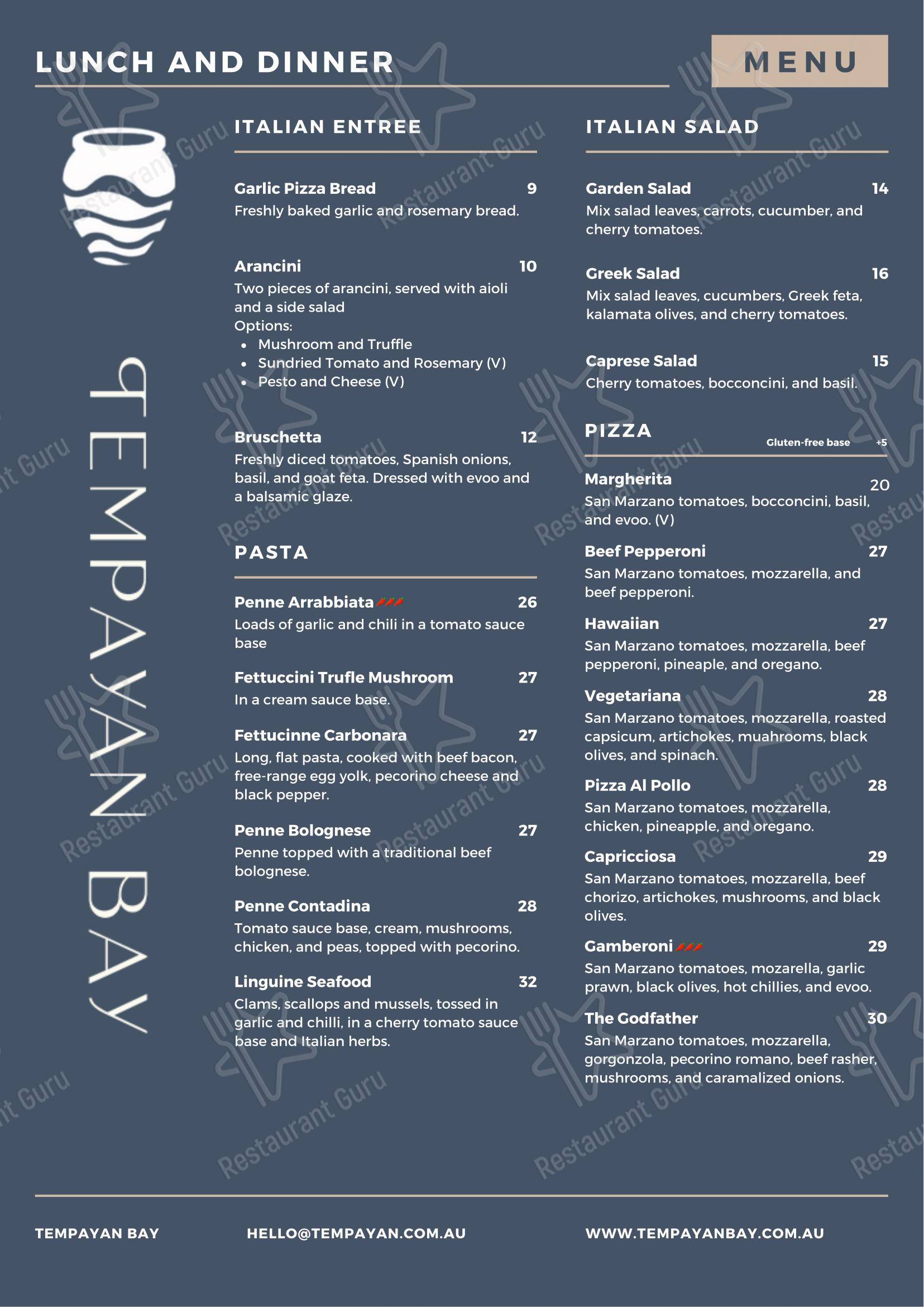 Menu at Tempayan Bay restaurant, East Perth