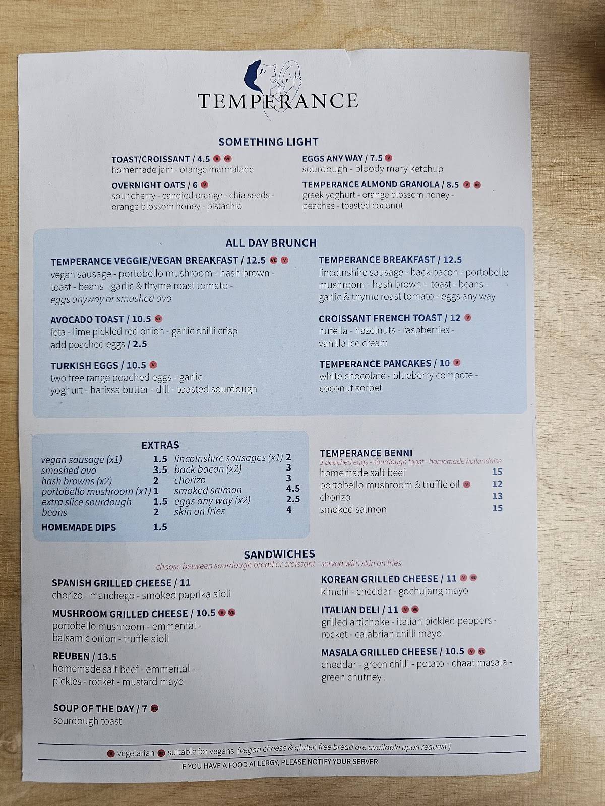 Menu at Temperance cafe, Halifax