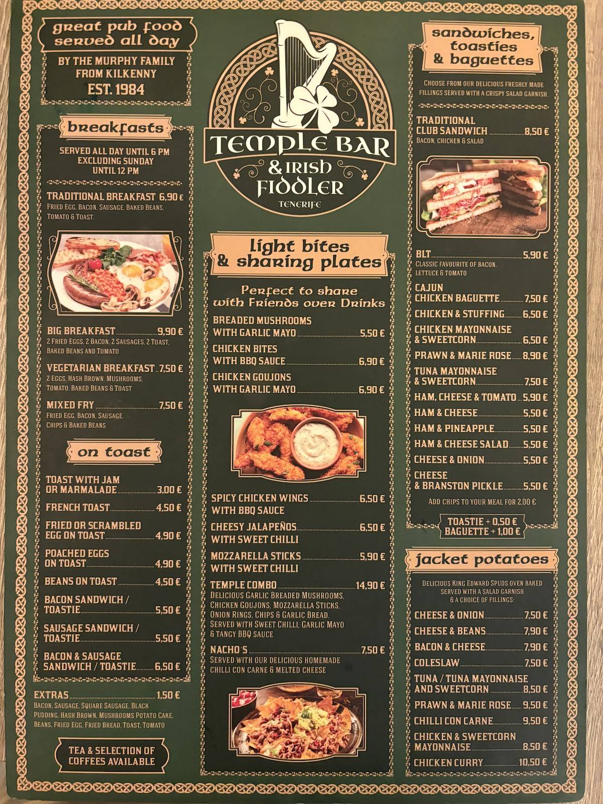 Menu at Temple Bar, Costa Adeje