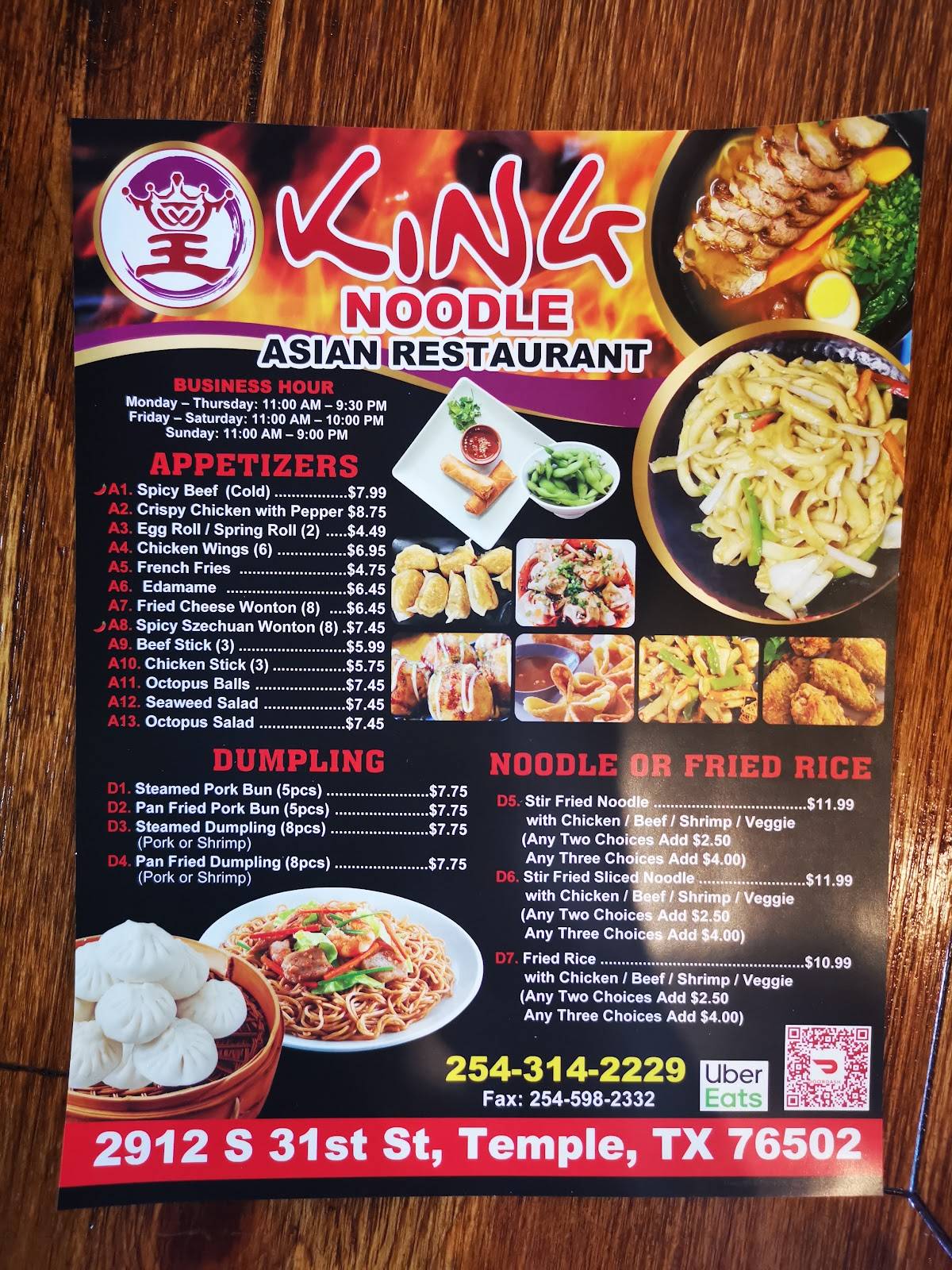 Menu at King Noodle Asian Restaurant, Temple