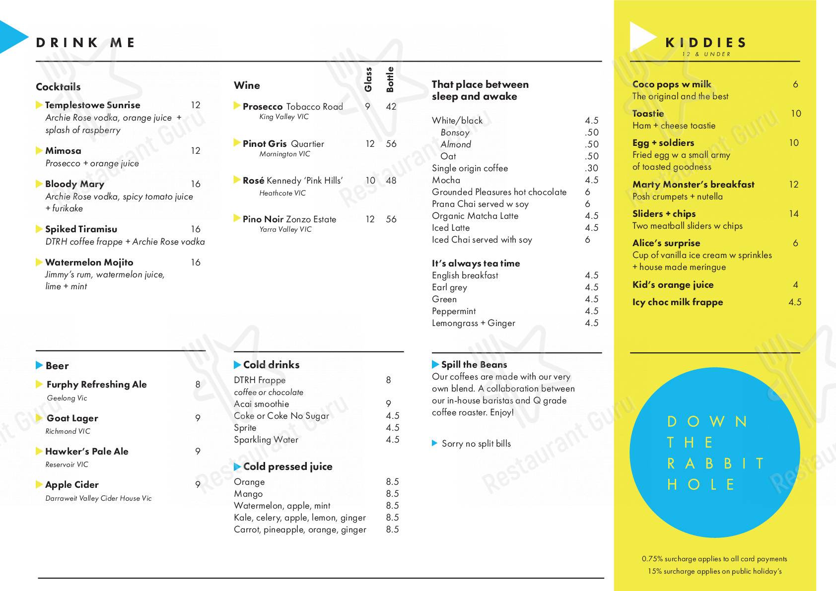 Menu at Down The Rabbit Hole Cafe, Templestowe
