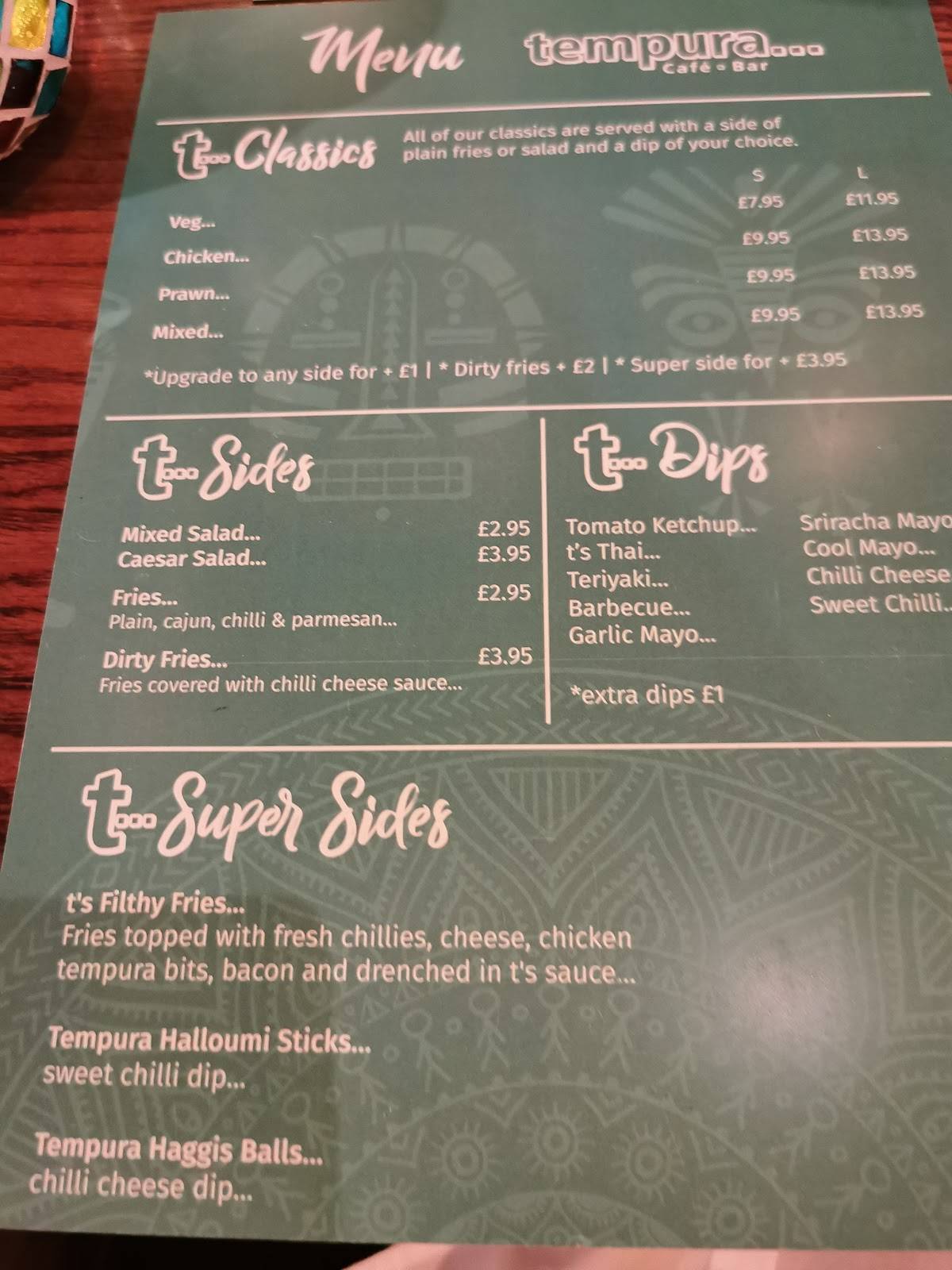 Menu at Tempura Ayr restaurant, Ayr