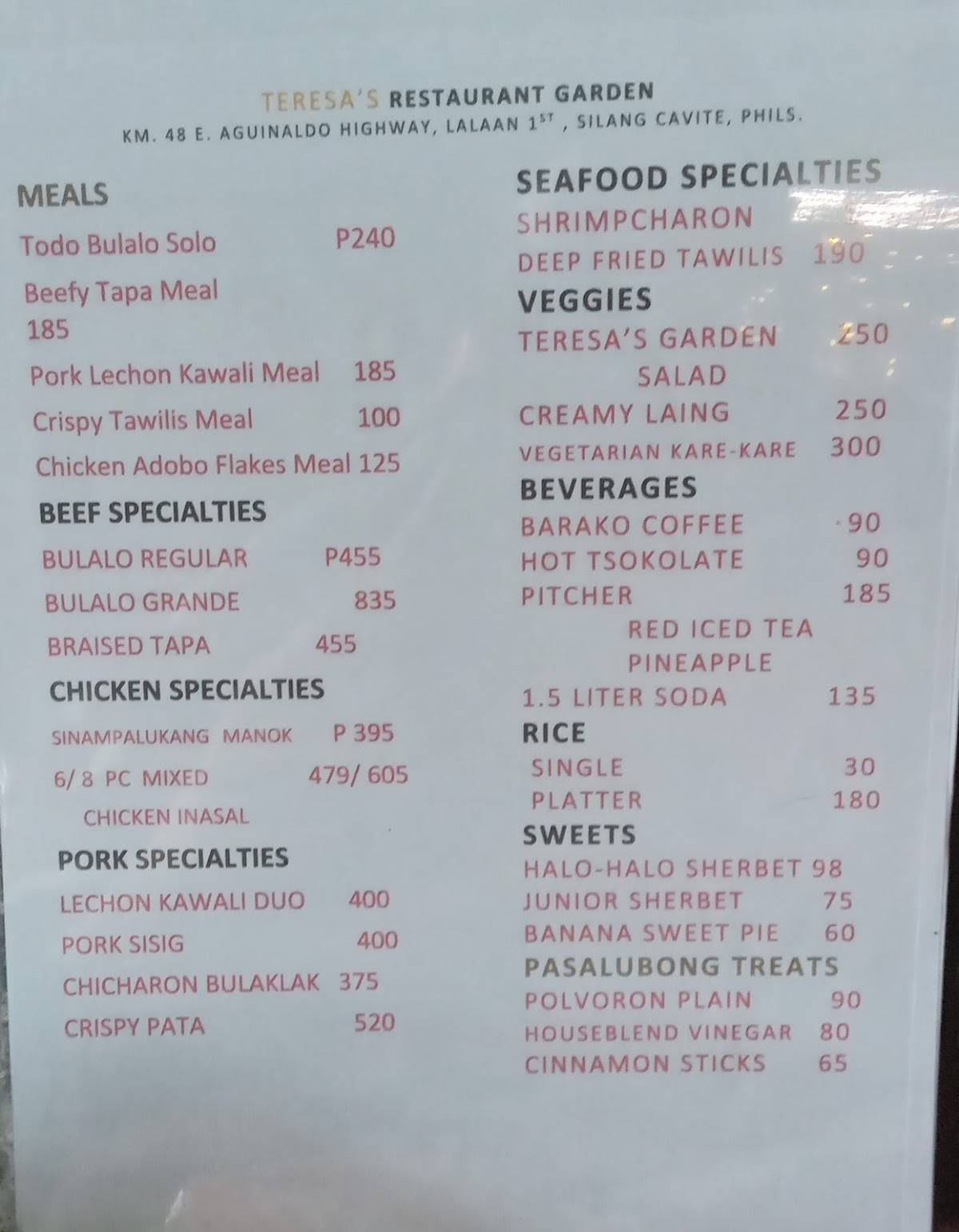 Menu at Teresa's Garden Restaurant, Silang