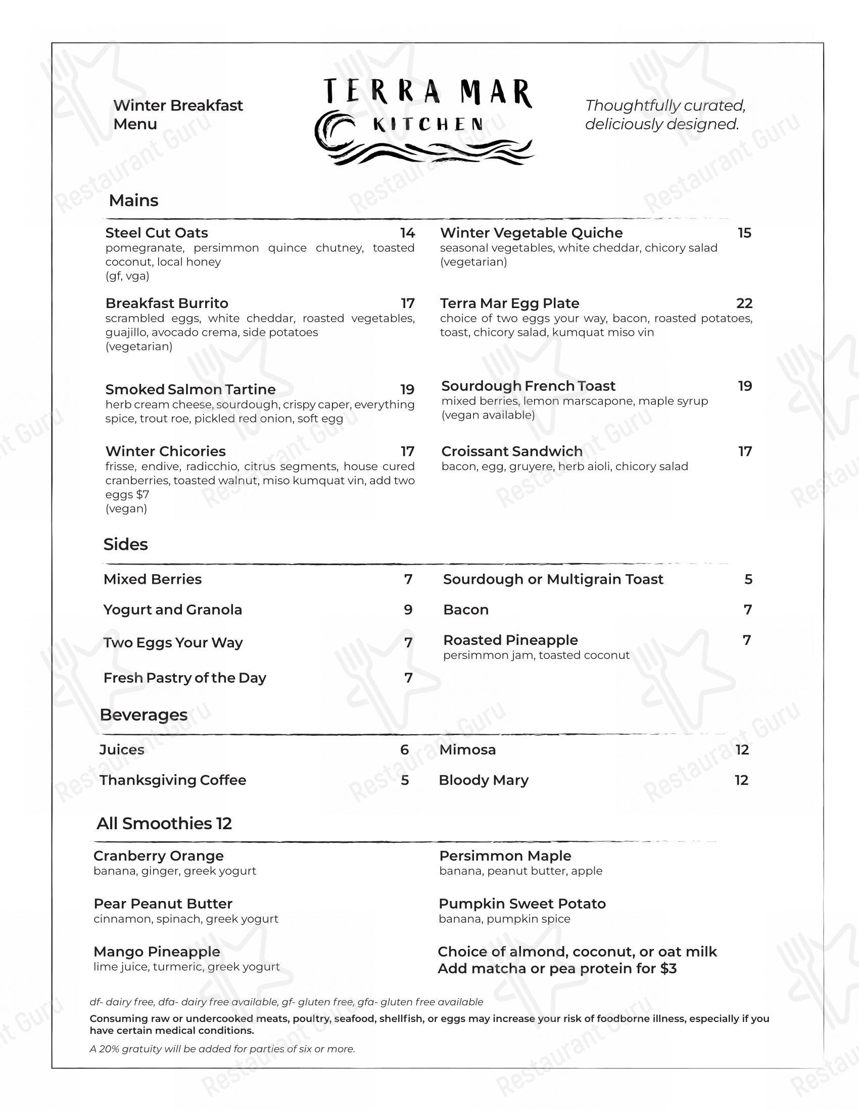 Menu at Terra Mar Kitchen restaurant, Albion