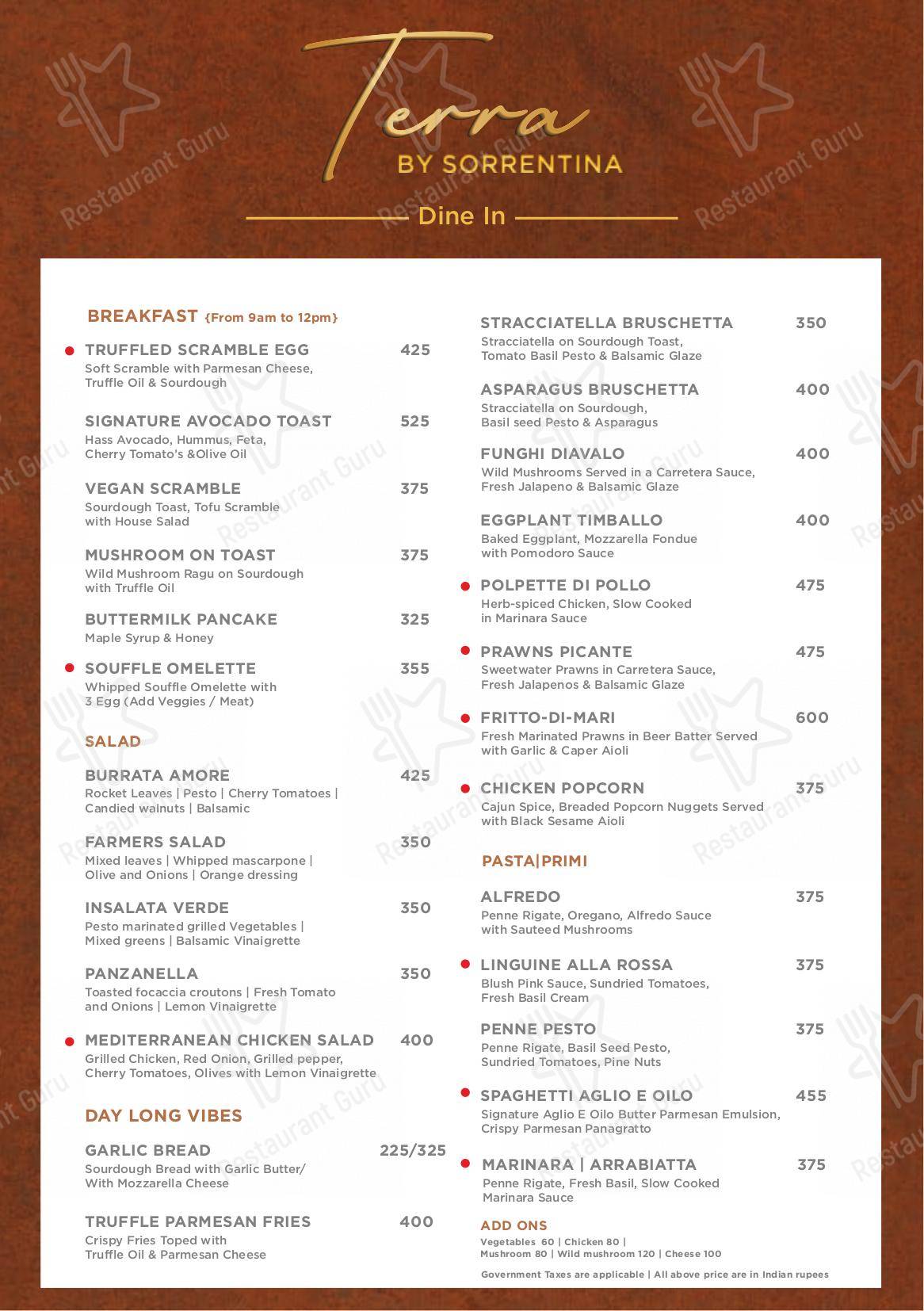 Menu at Terra by Sorrentina, Chondhi