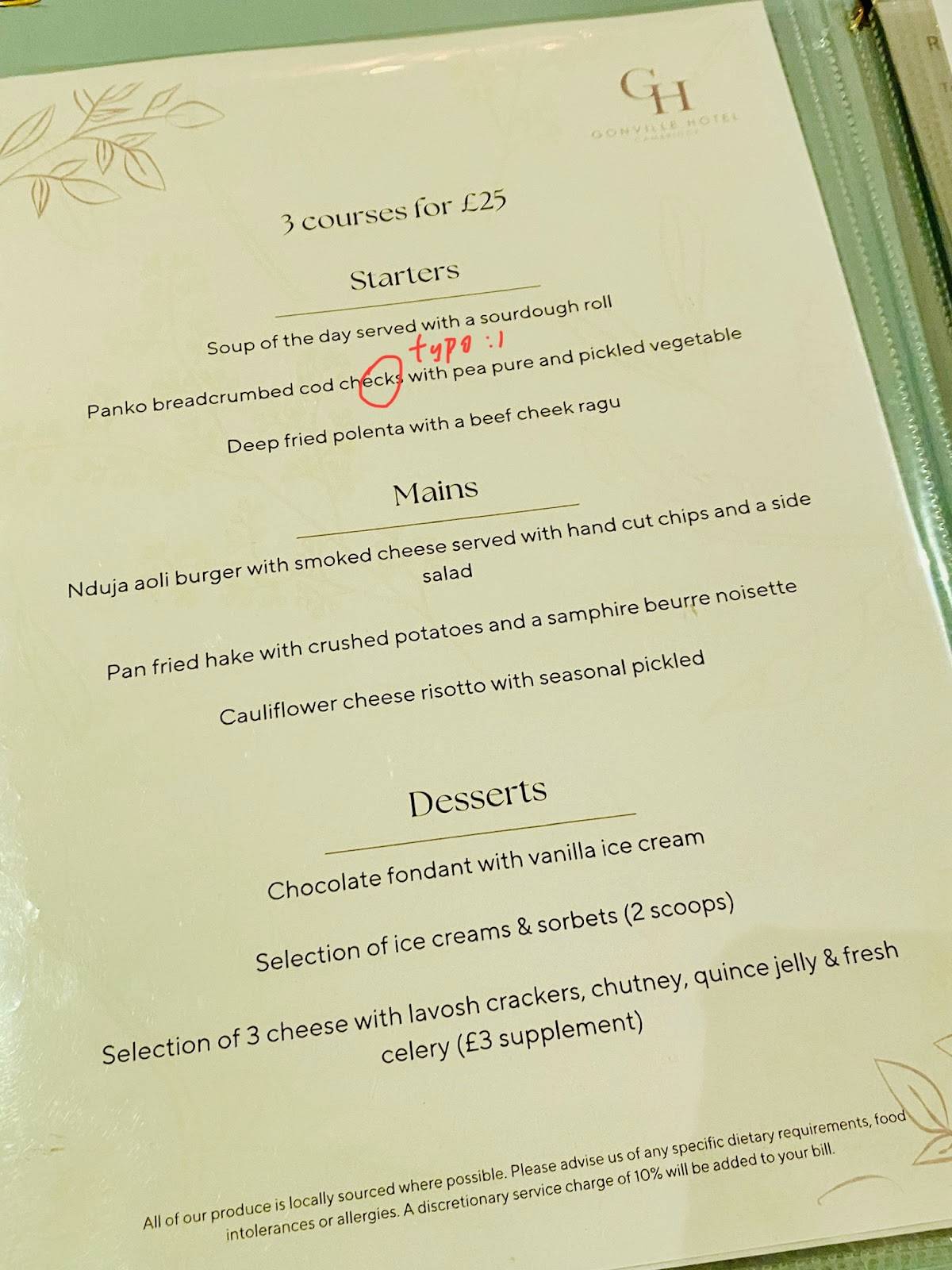 Menu at Terrace restaurant, Cambridge