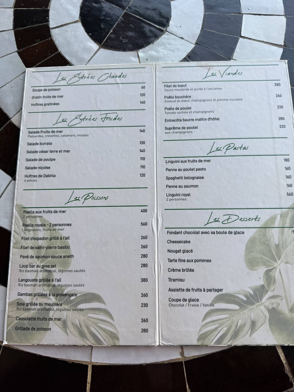 Menu au Terracotta Beach Harhoura restaurant, Temara