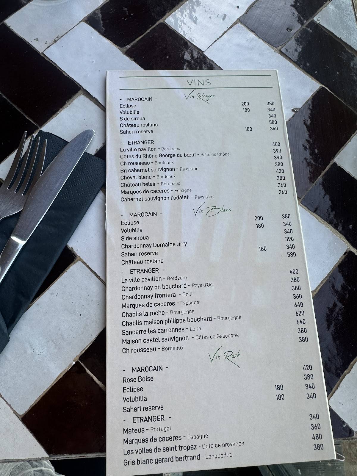 Menu au Terracotta Beach Harhoura restaurant, Temara