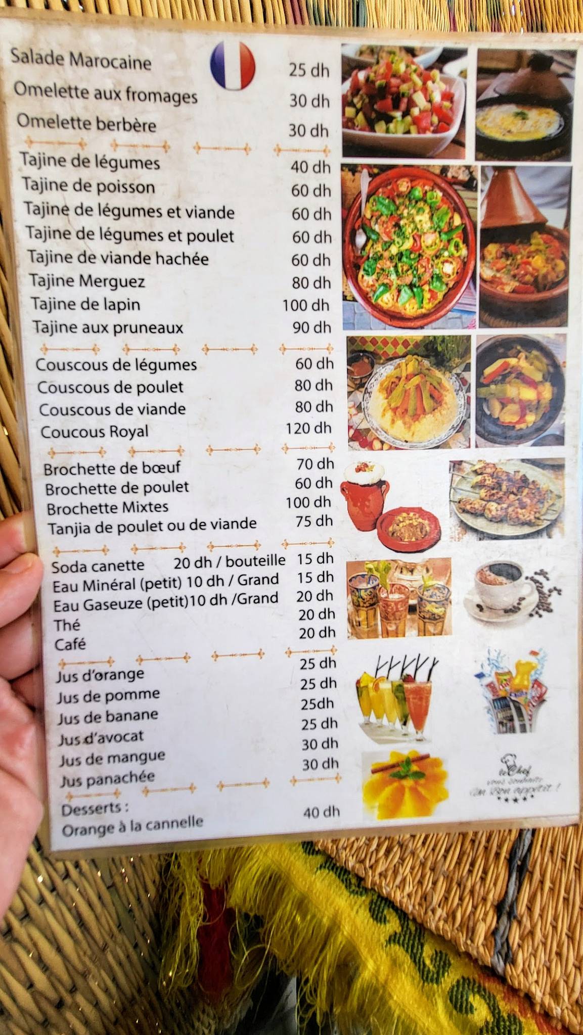 Carta del restaurante Terrasse Bakchich, Marrakech