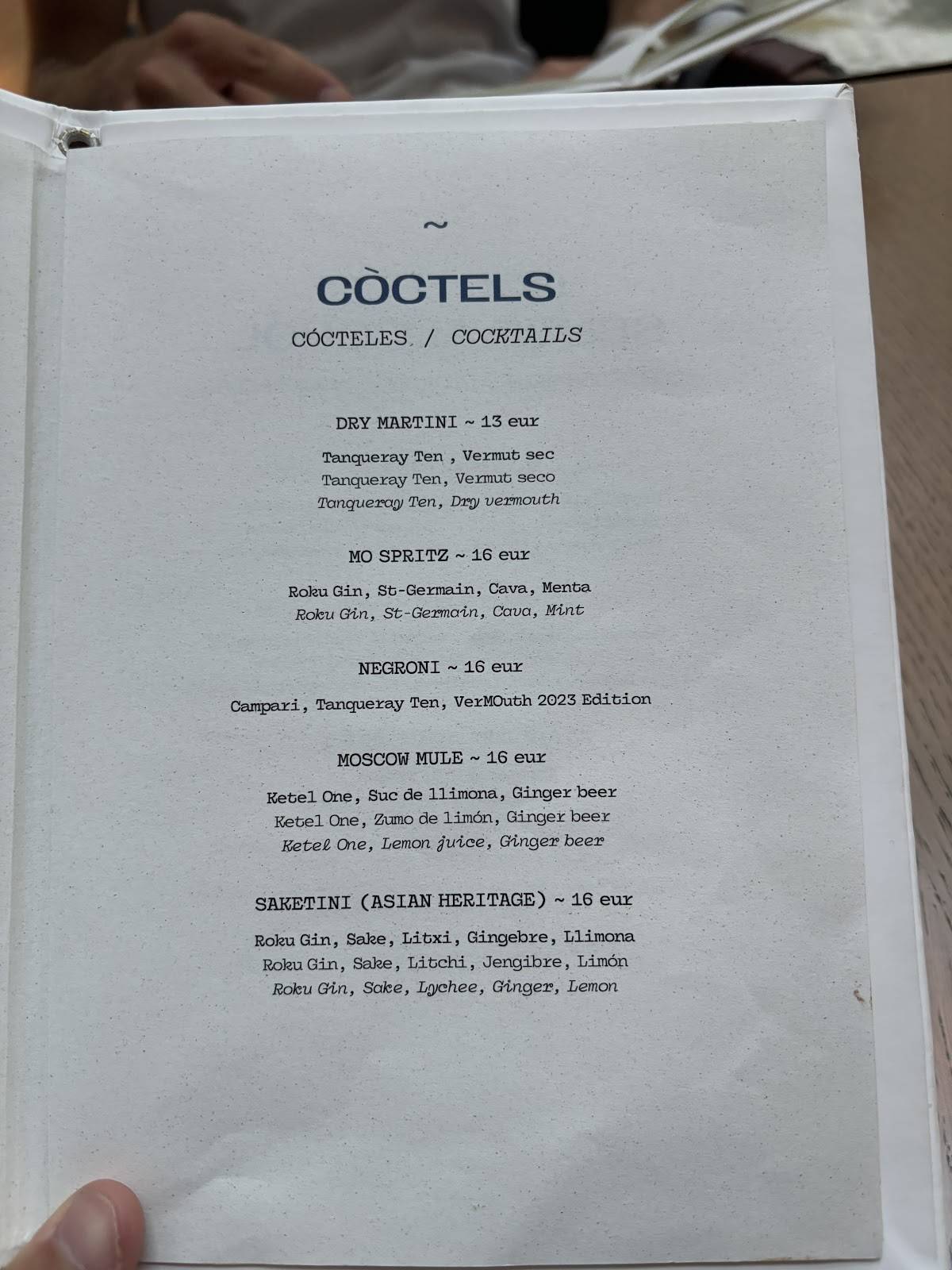 Menu at Terrat restaurant, Barcelona, Pg. de Gràcia