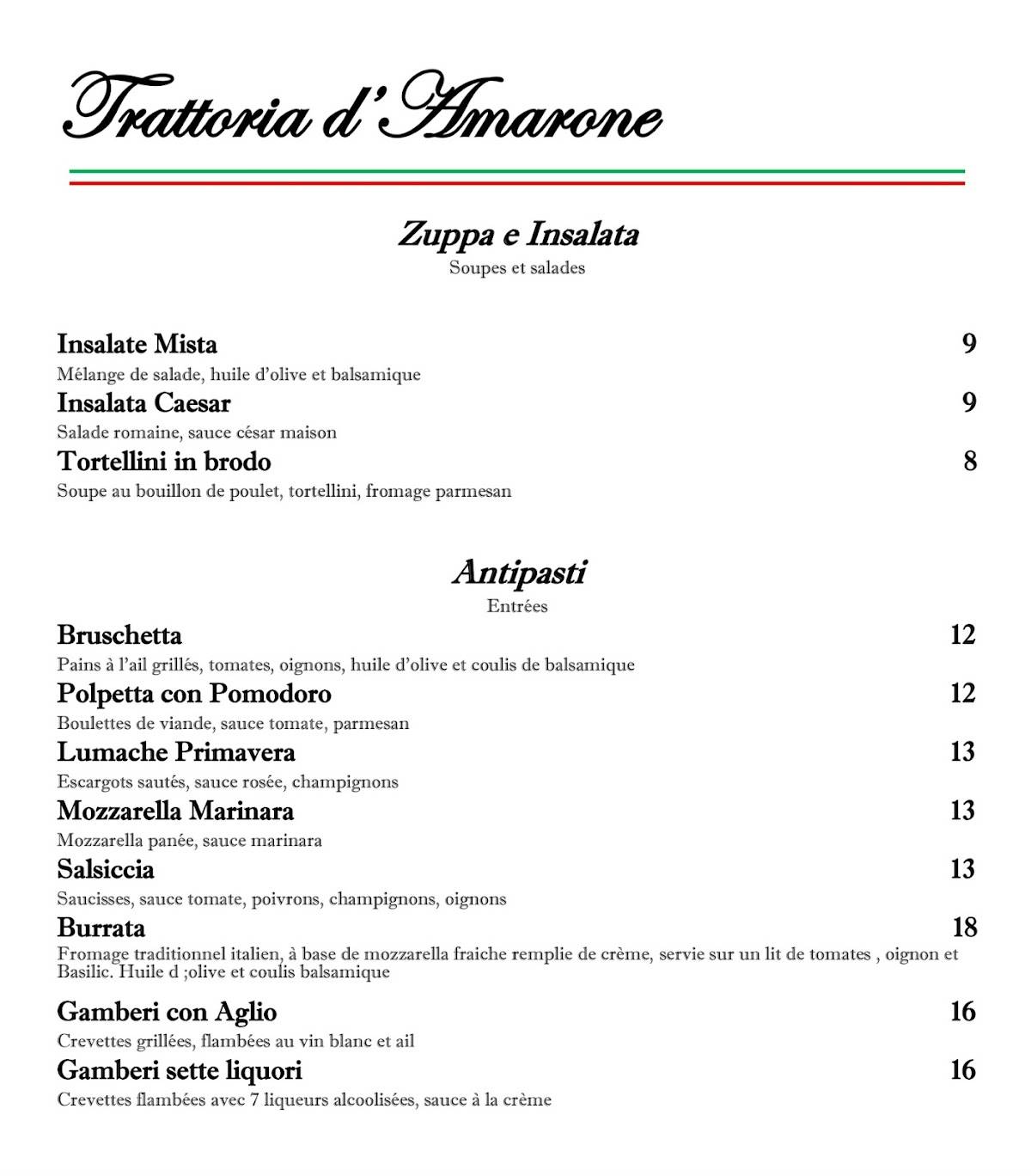 Menu au Trattoria D Amarone restaurant, Terrebonne