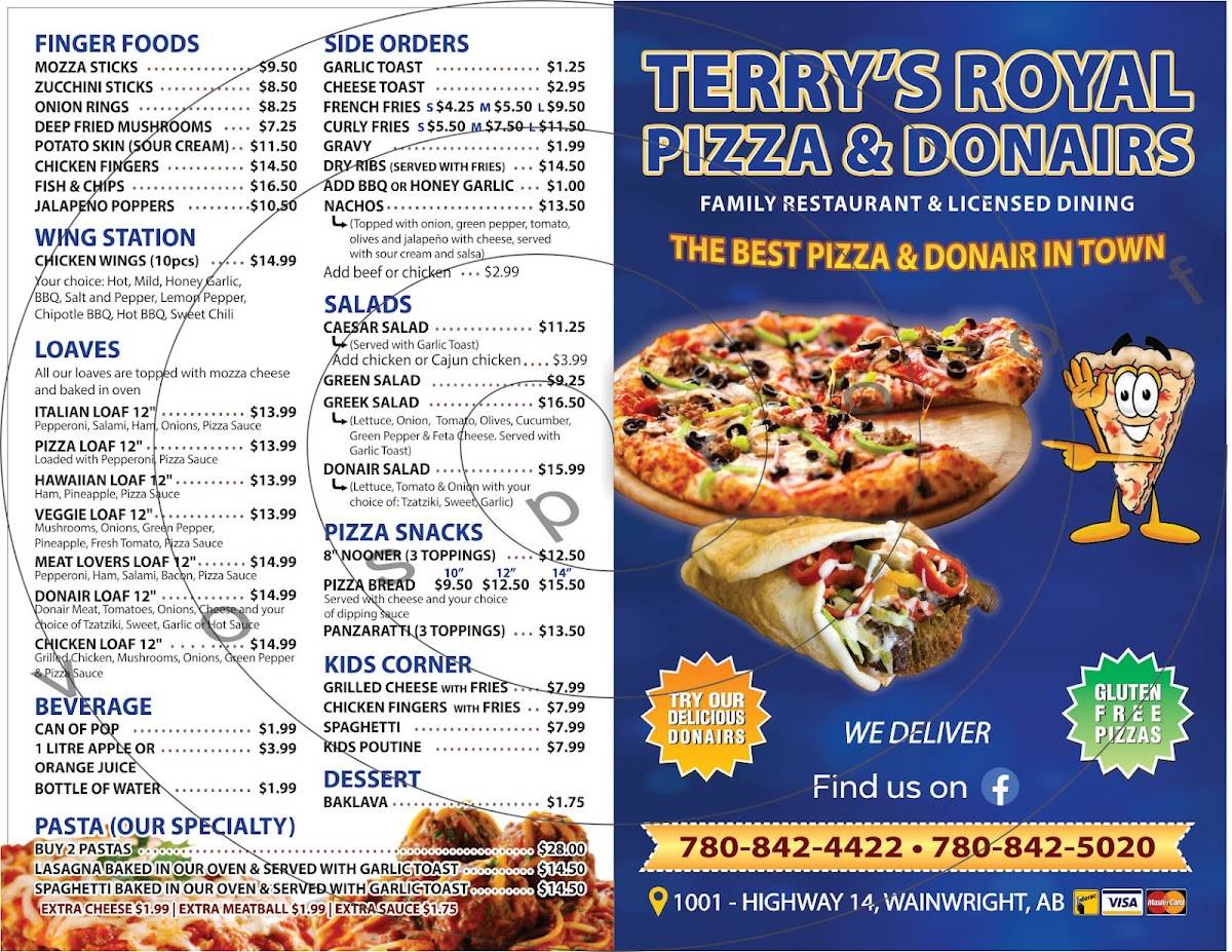 Menu at Terry's Royal Pizza pizzeria, Wainwright