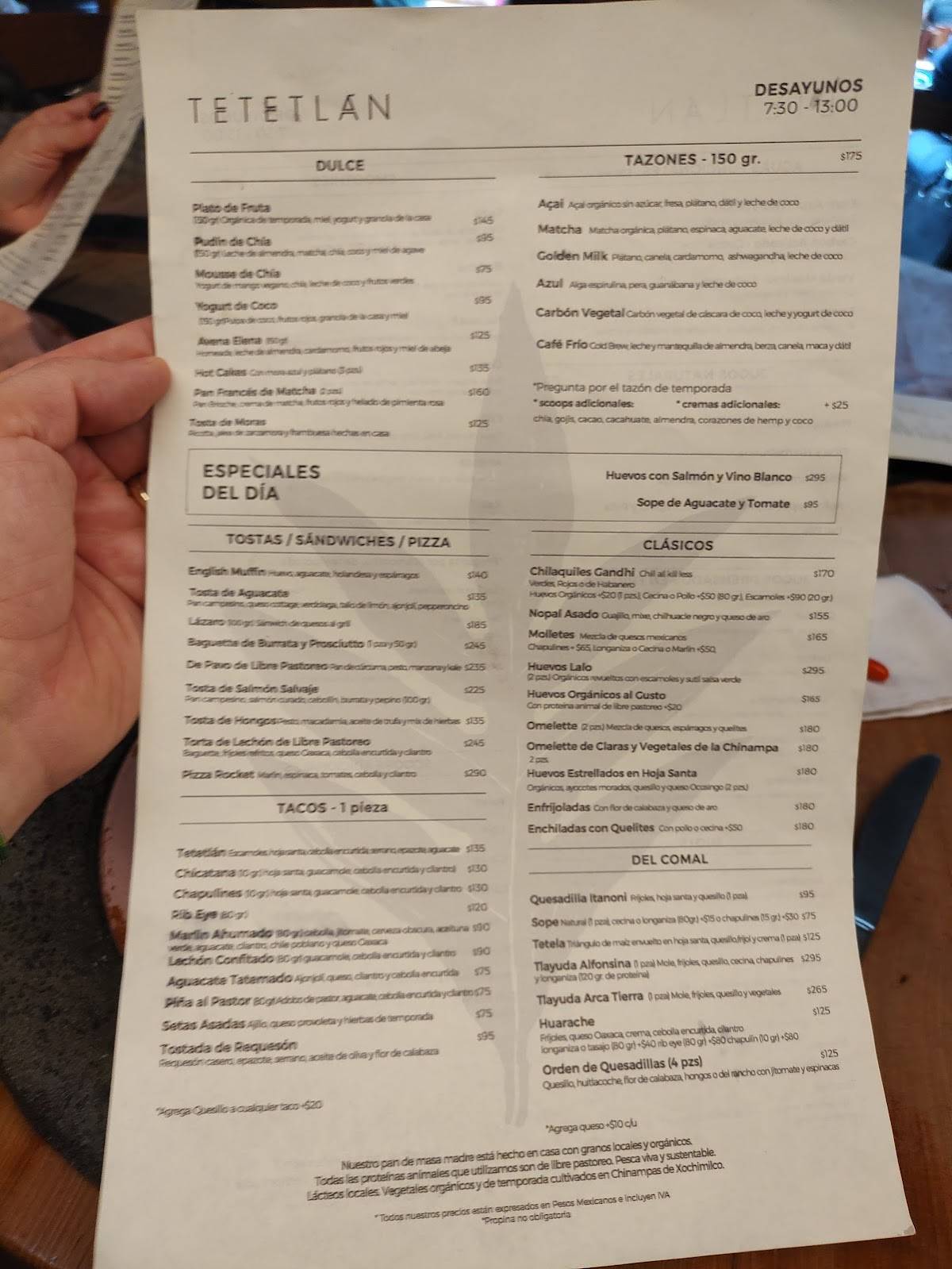 Carta del restaurante Tetetlán, Ciudad del México