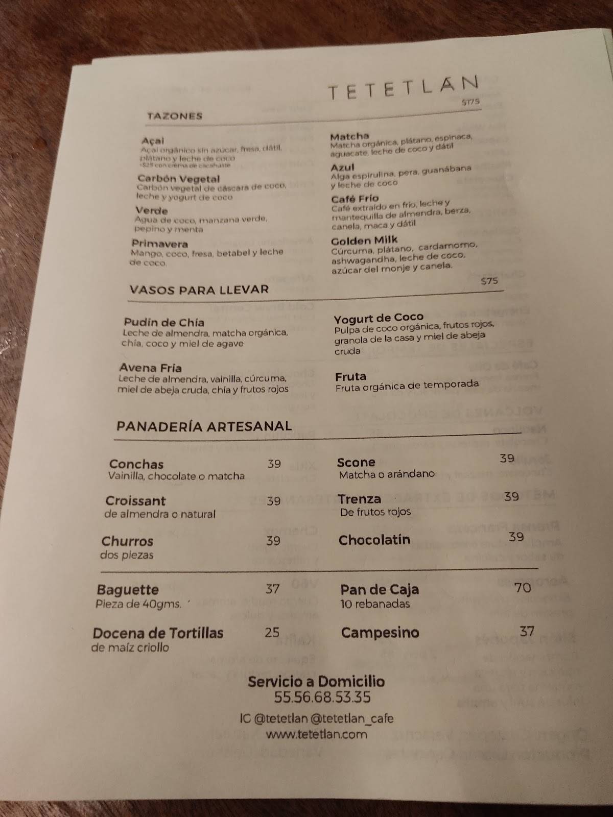 Carta del restaurante Tetetlán, Ciudad del México