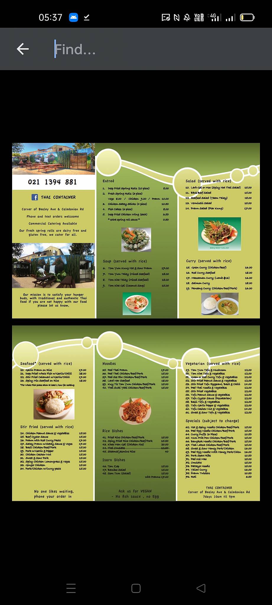 Menu at Thai Container restaurant, Christchurch, 151 Bealey Ave