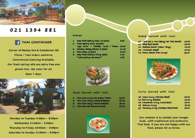 Menu at Thai Container restaurant, Christchurch, 151 Bealey Ave