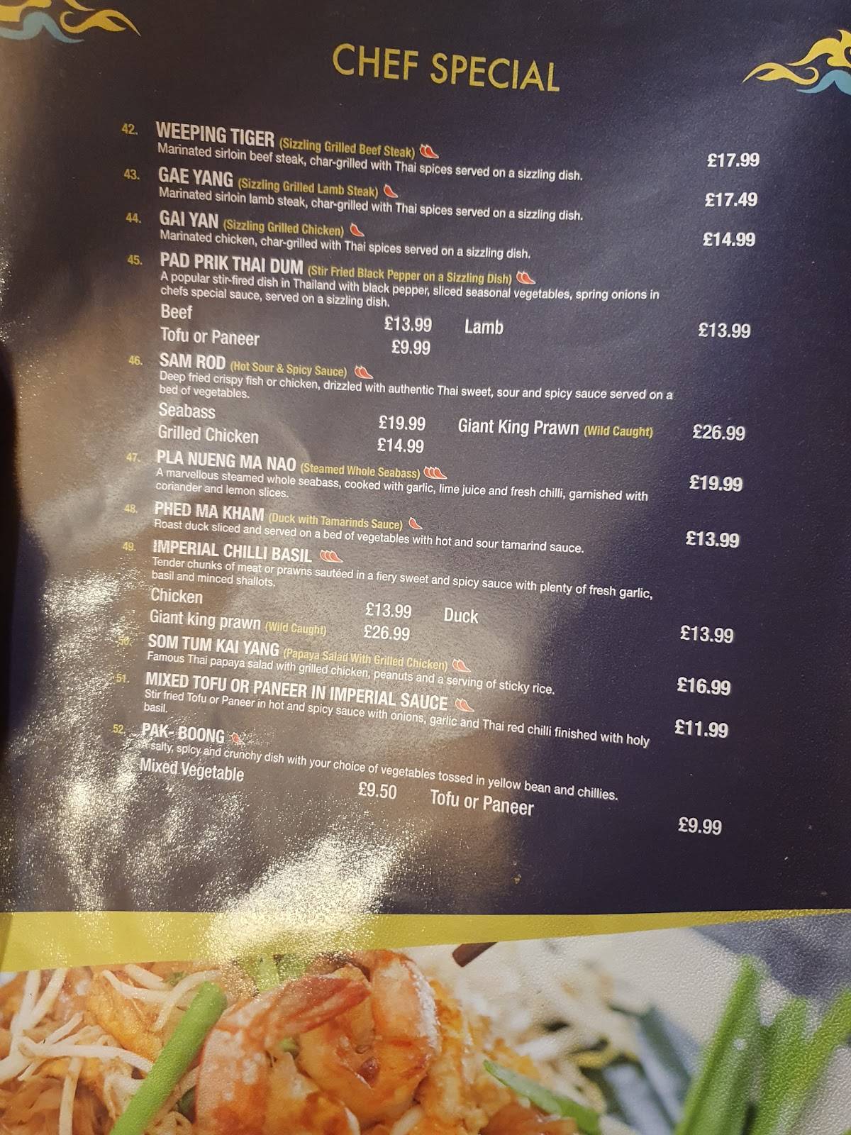 Menu at Thai Imperial restaurant, Ilford
