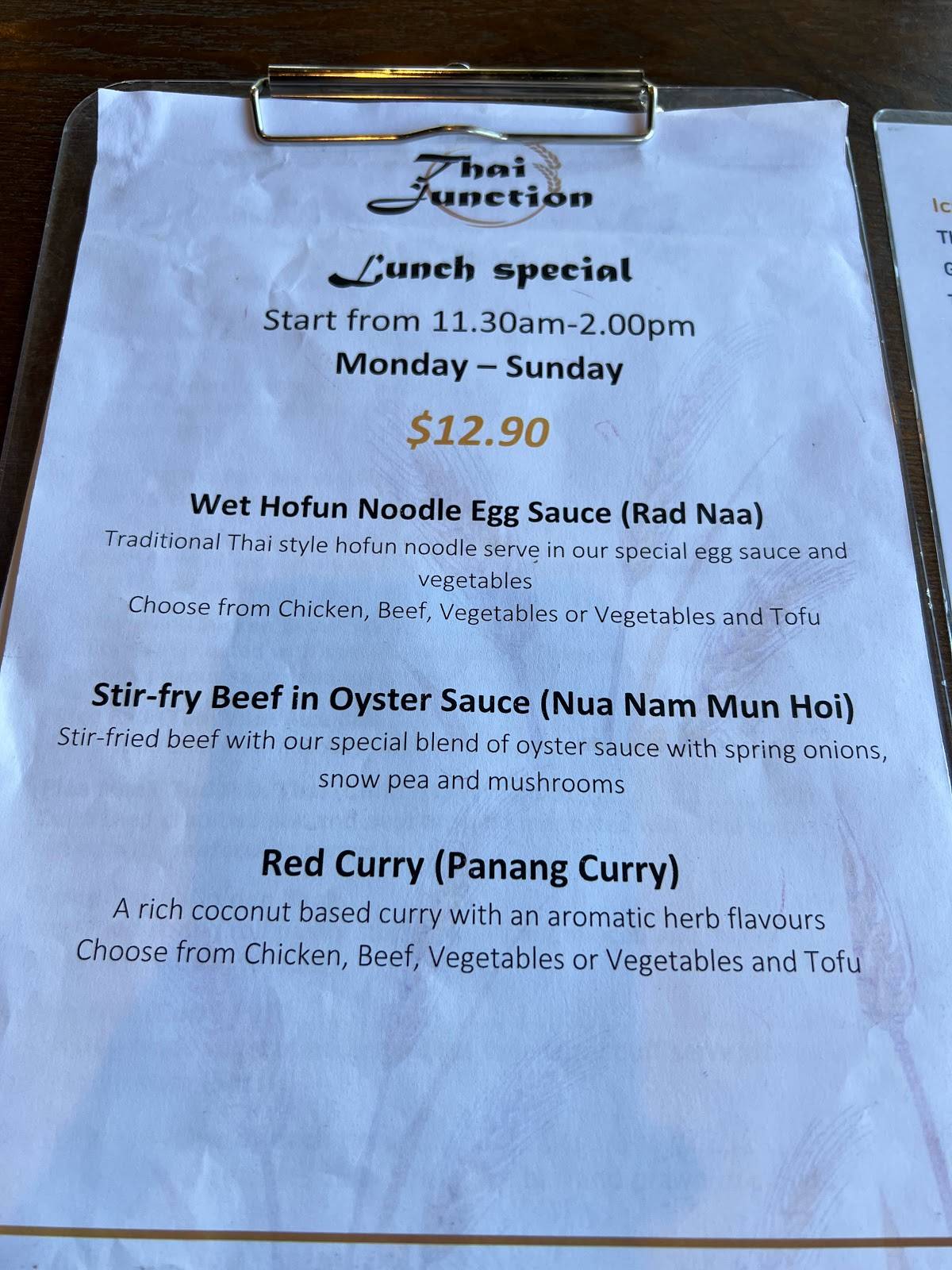 Menu at Thai Junction restaurant, Willetton