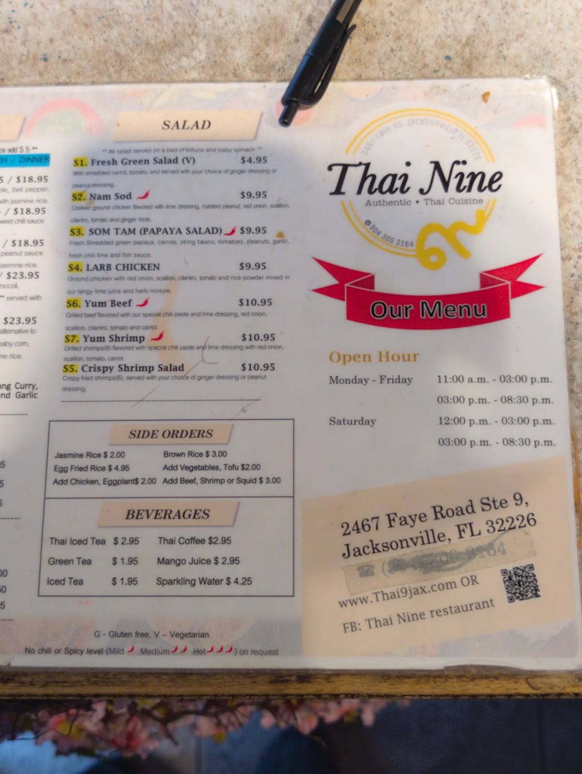Carta de Thai Nine Restaurant, Jacksonville
