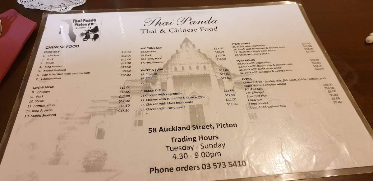 Carta del restaurante Thai Panda, Picton