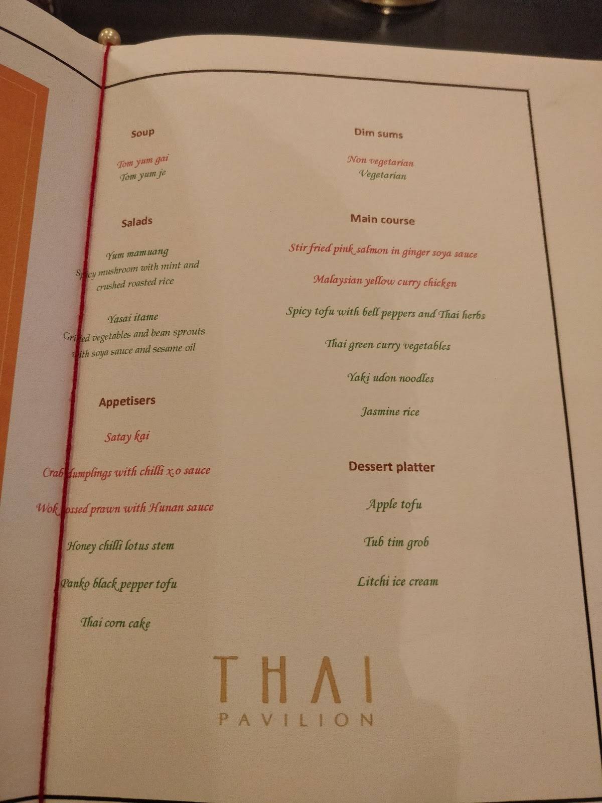 Menu at Thai Pavilion, Hyderabad