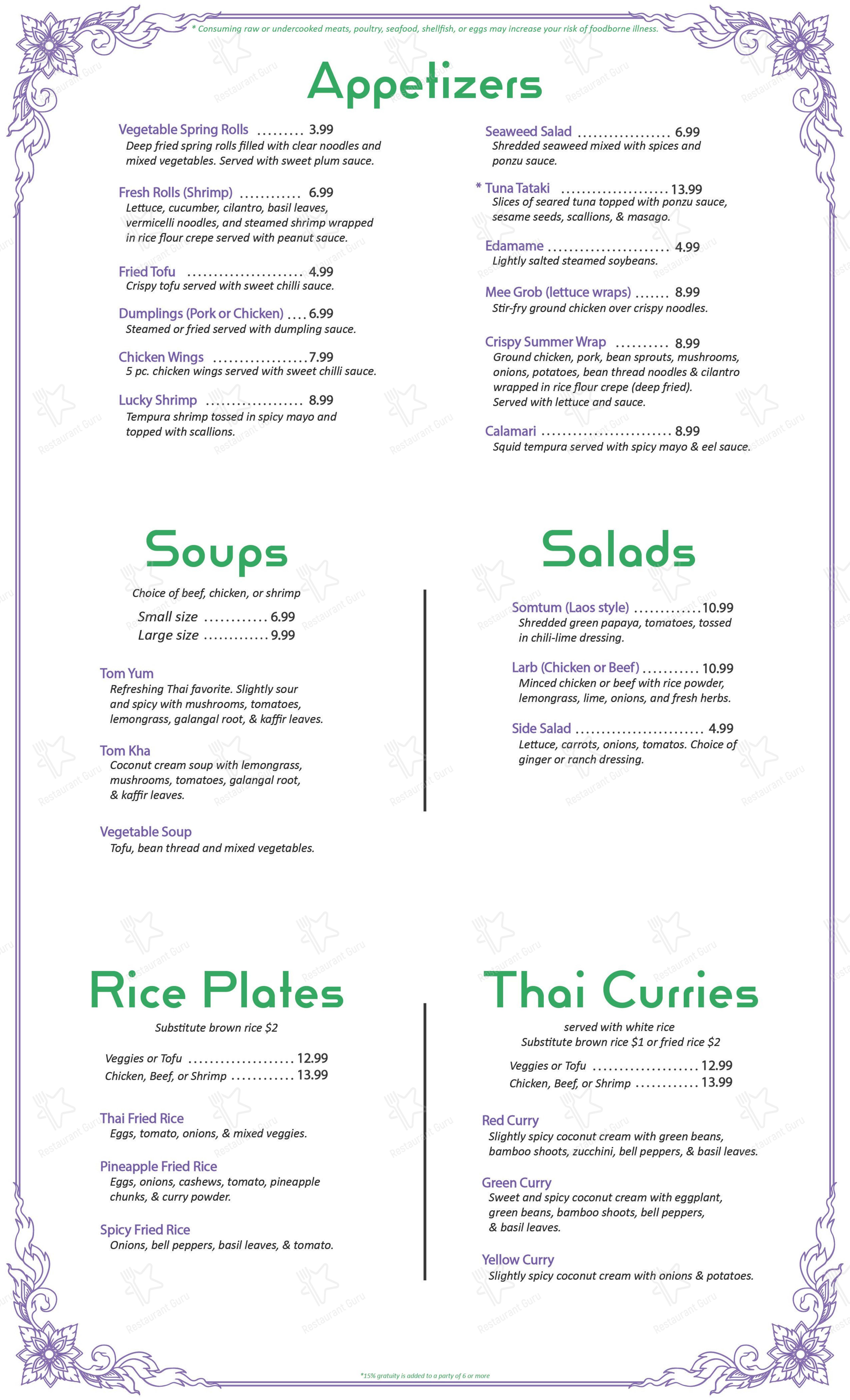 Menu at Thai Spice restaurant, Albemarle