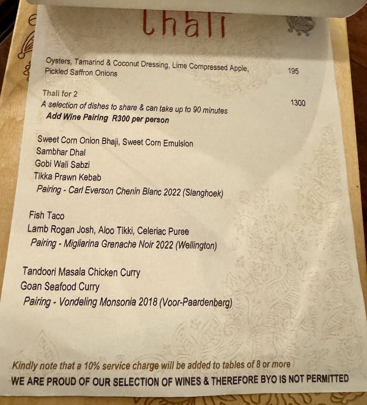 Menu at Thali Restaurant, Cape Town
