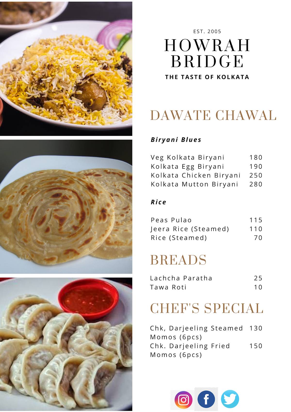 Menu at Howrah Bridge - The taste of Kolkata, Thane