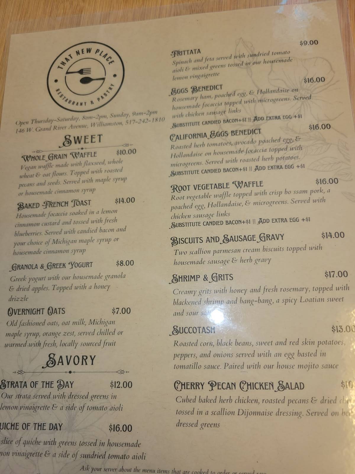 Menu at That New Place restaurant, Williamston