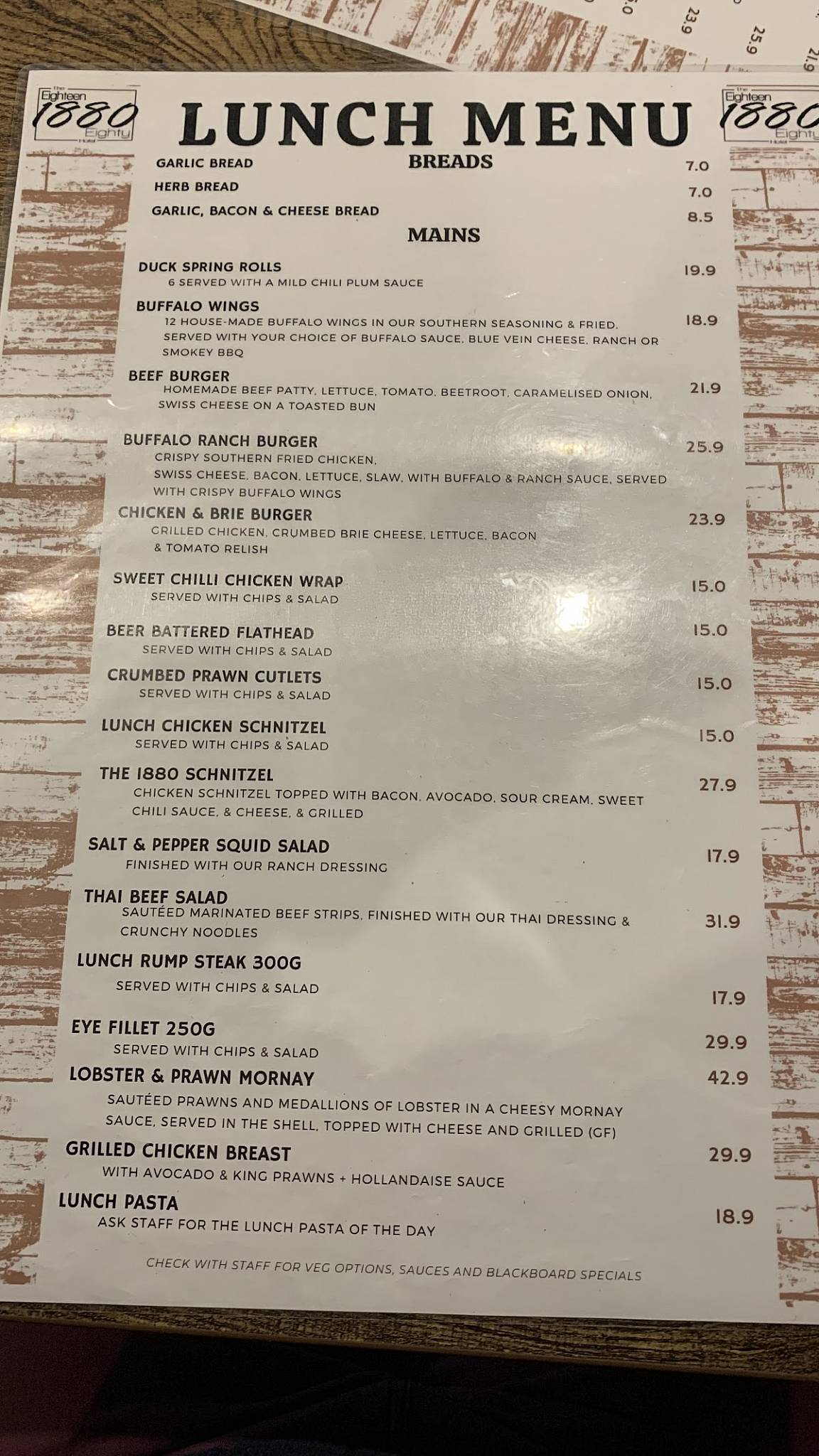 Menu at The 1880 Hotel pub & bar, Bathurst