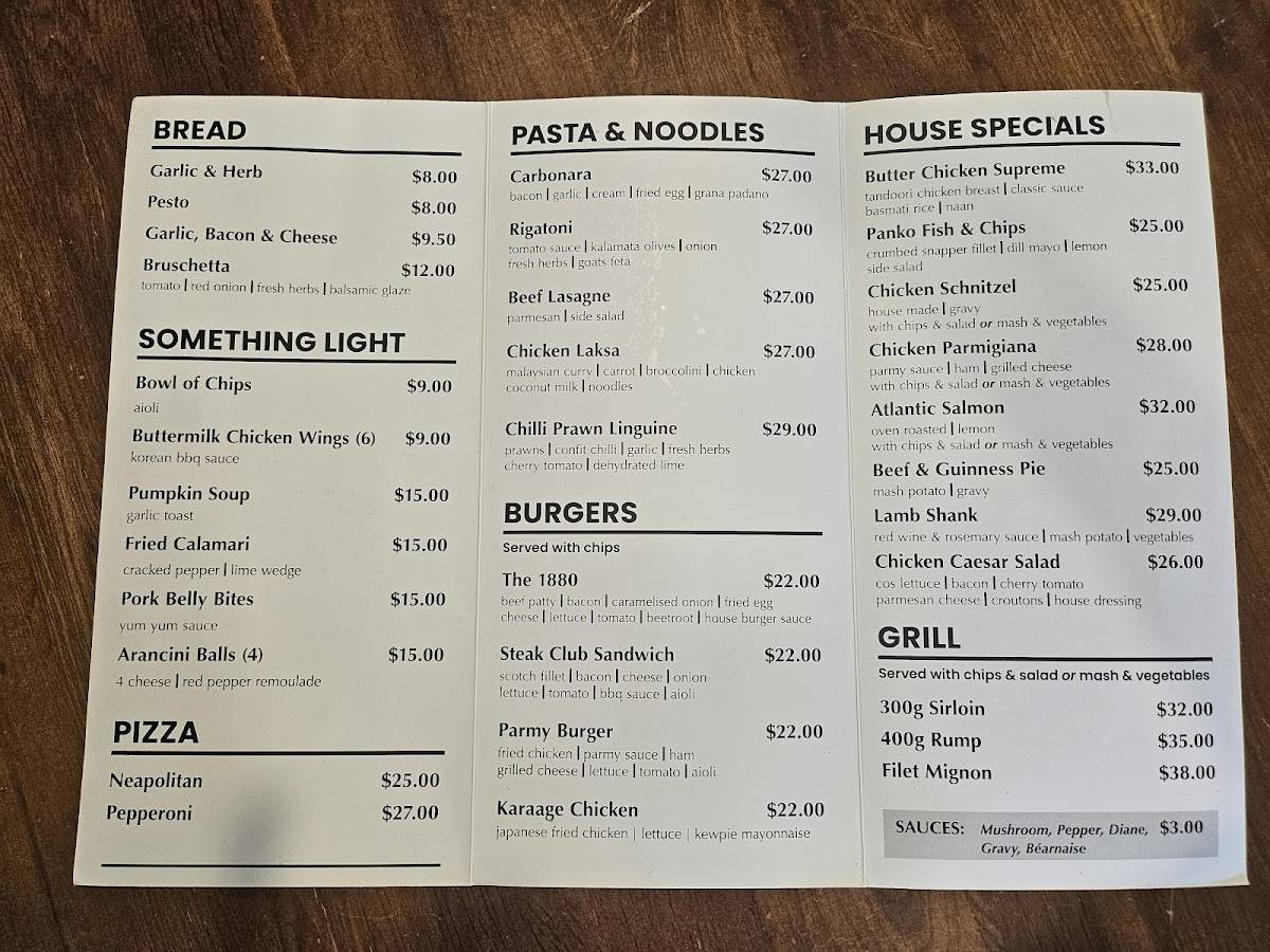 Menu at The 1880 Tavern pub & bar, Bathurst