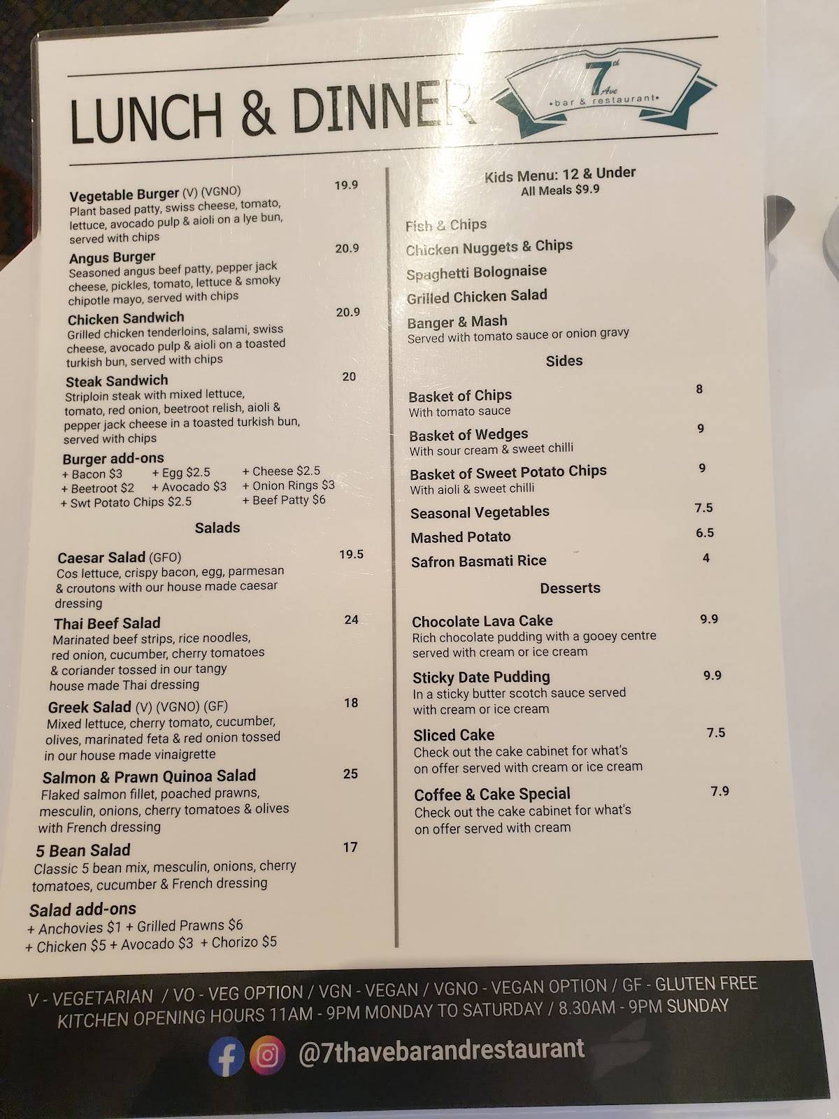 Menu at The 7th Ave Bar & Restaurant, Midland