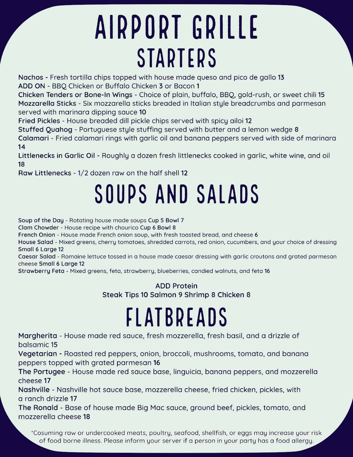 Menu at The Airport Grille restaurant, New Bedford, Airport Road
