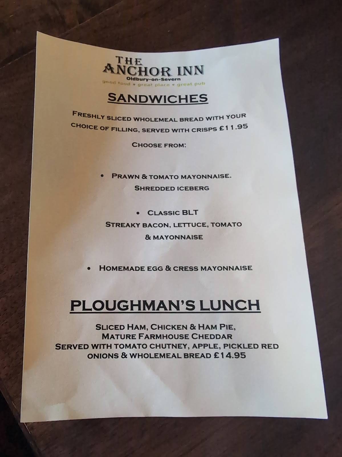 Menu at The Anchor Inn pub & bar, Oldbury-on-Severn, Church Rd.