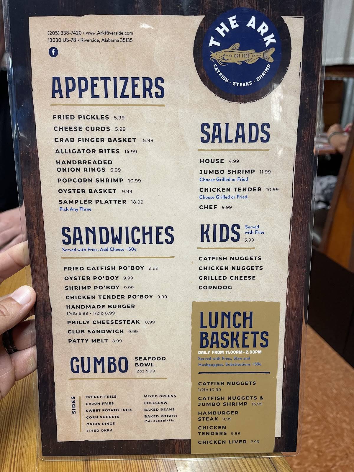 Menu at The Ark restaurant, Riverside, US-78